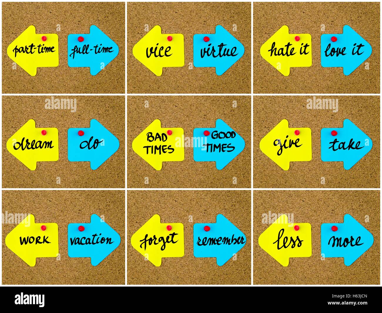Photo collage of antonym concepts written on yellow and blue paper ...