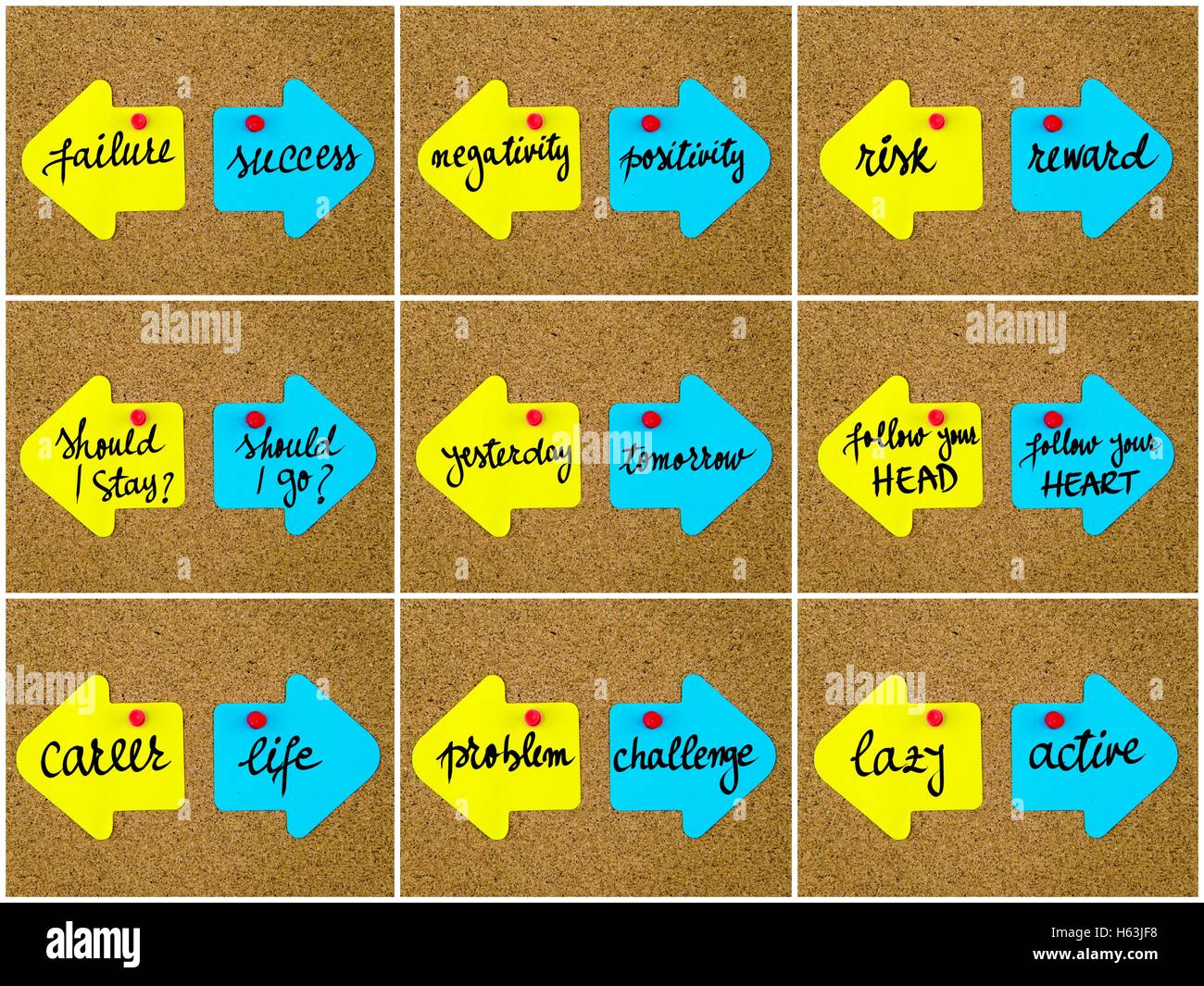 Photo collage of antonym concepts written on yellow and blue paper ...