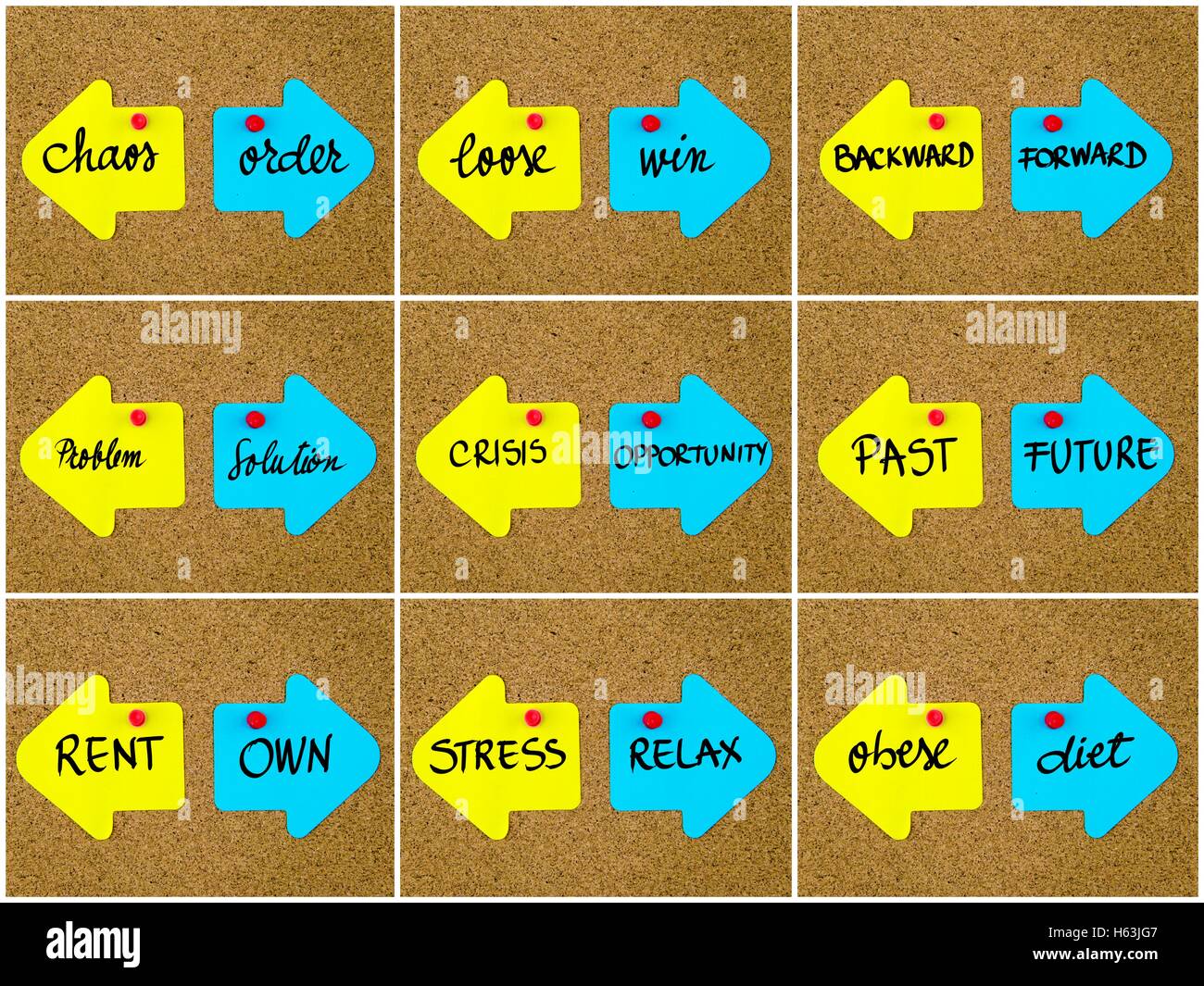 Photo collage of antonym concepts written on yellow and blue paper ...