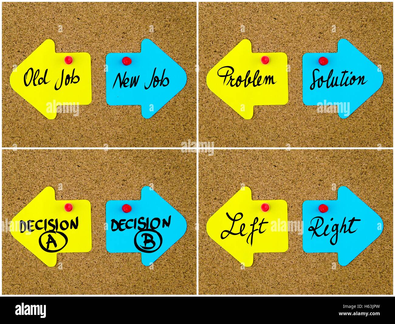 Photo collage of antonym concepts written on yellow and blue paper ...