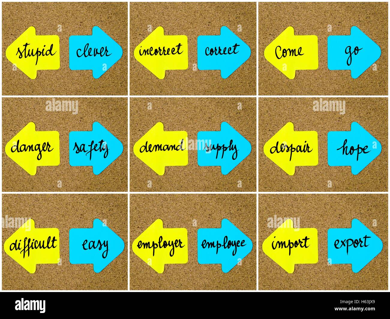 Photo collage of antonym concepts written on yellow and blue paper ...