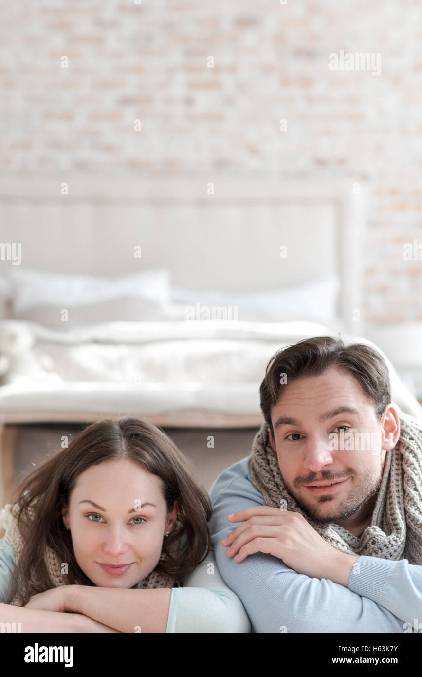 Positive nice couple being in the bedroom Stock Photo - Alamy