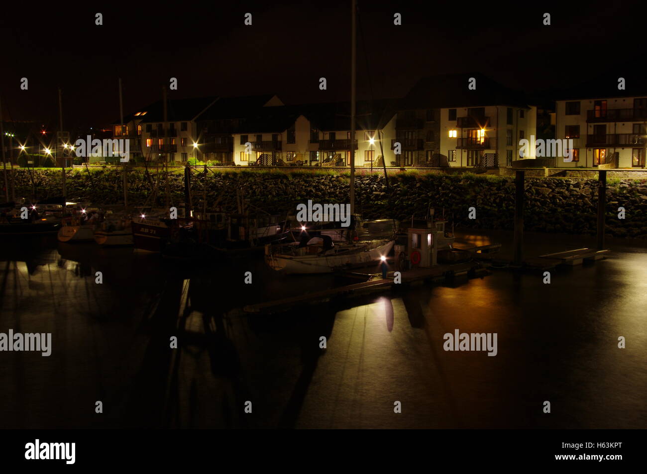 View overlooking Aberystwyth Harbour / Marina at night facing towards Y ...
