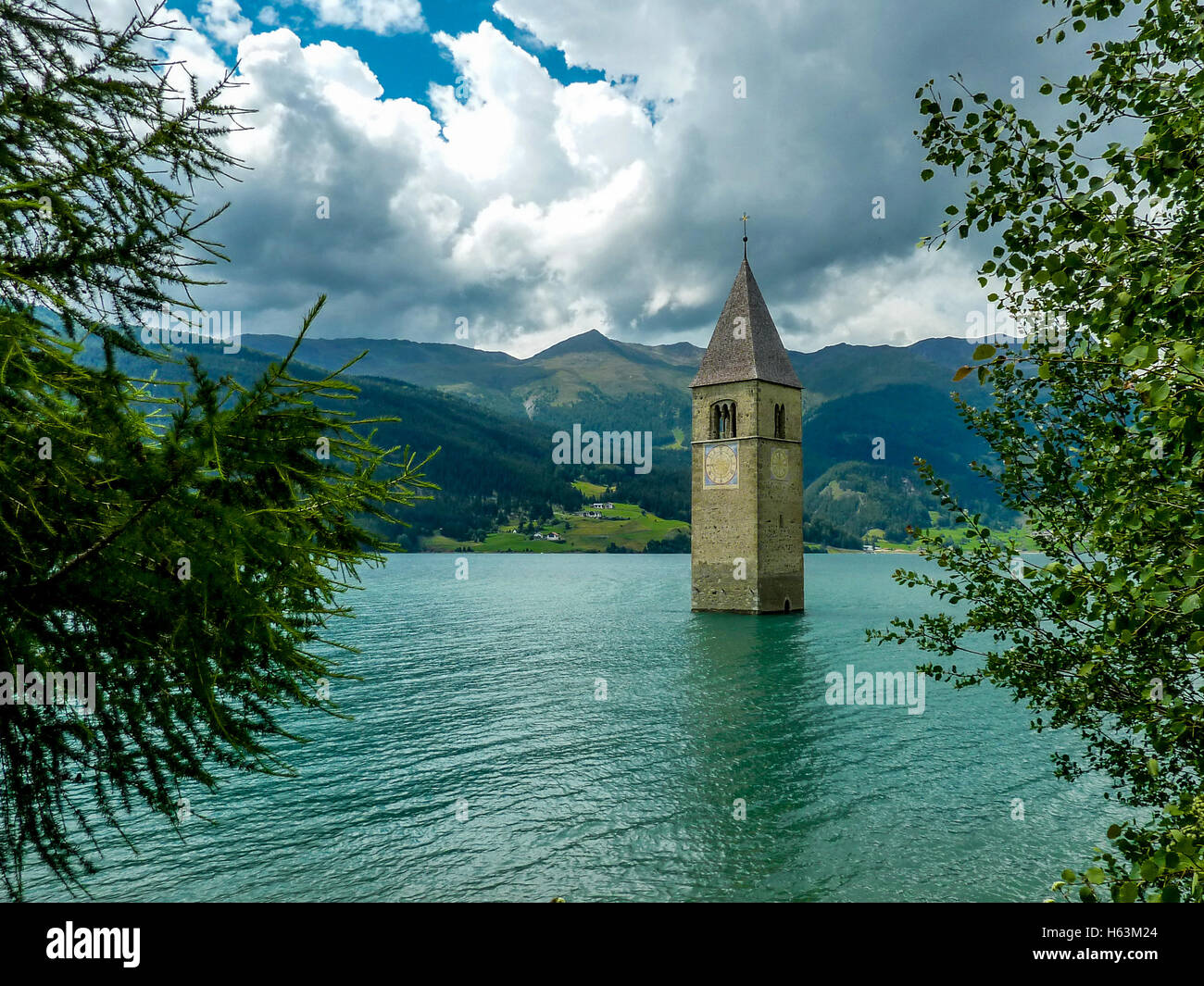 Italy The Bell Tower In Reschen Lake Stock Photos & Italy The Bell ...