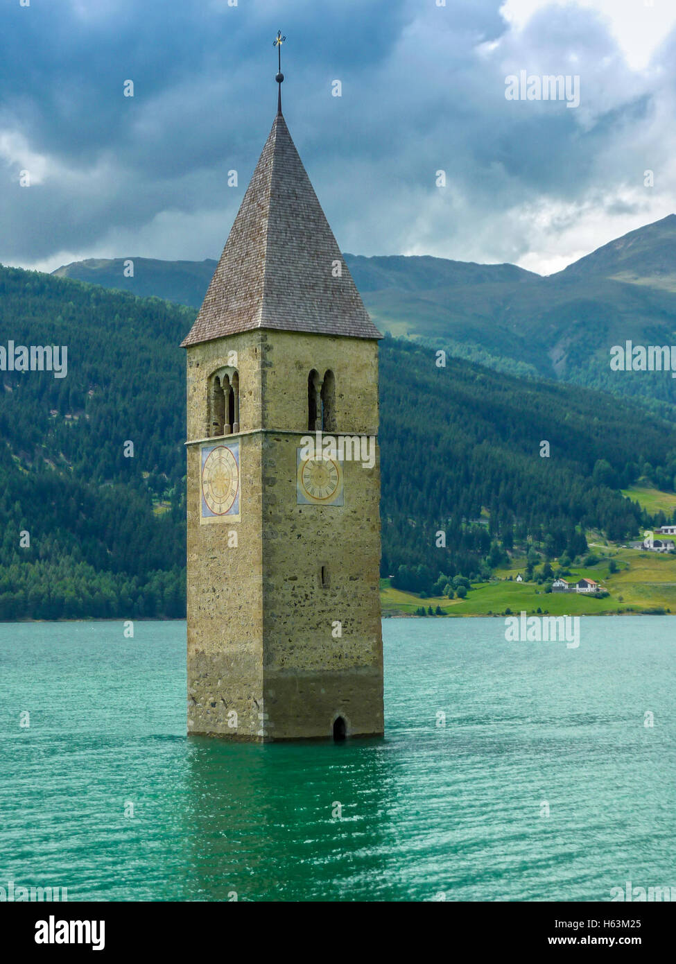 Italy The Bell Tower In Reschen Lake Stock Photos & Italy The Bell ...
