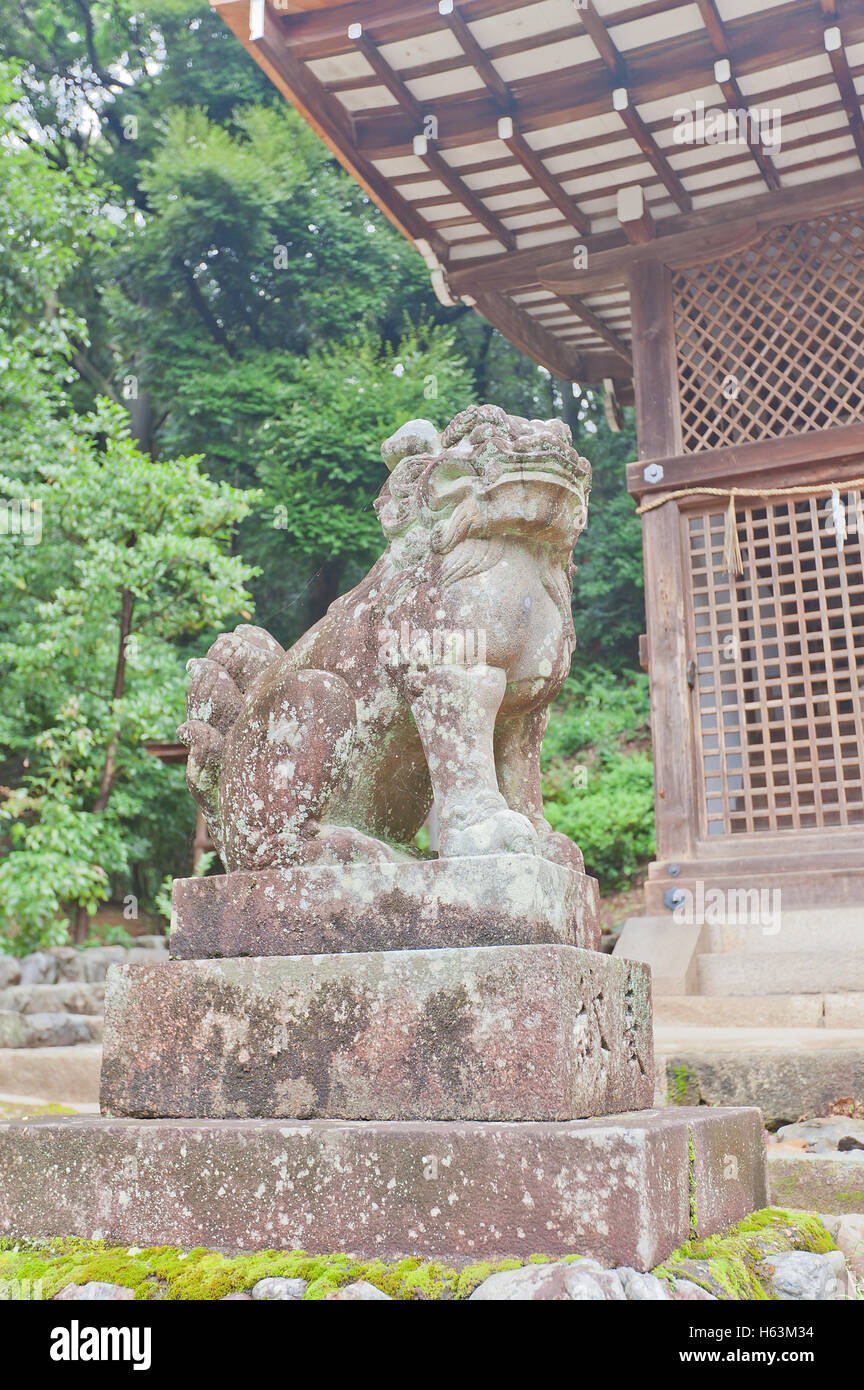 Komainu lion-dog guardian statue in Ujigami Shinto Shrine in Uji city ...