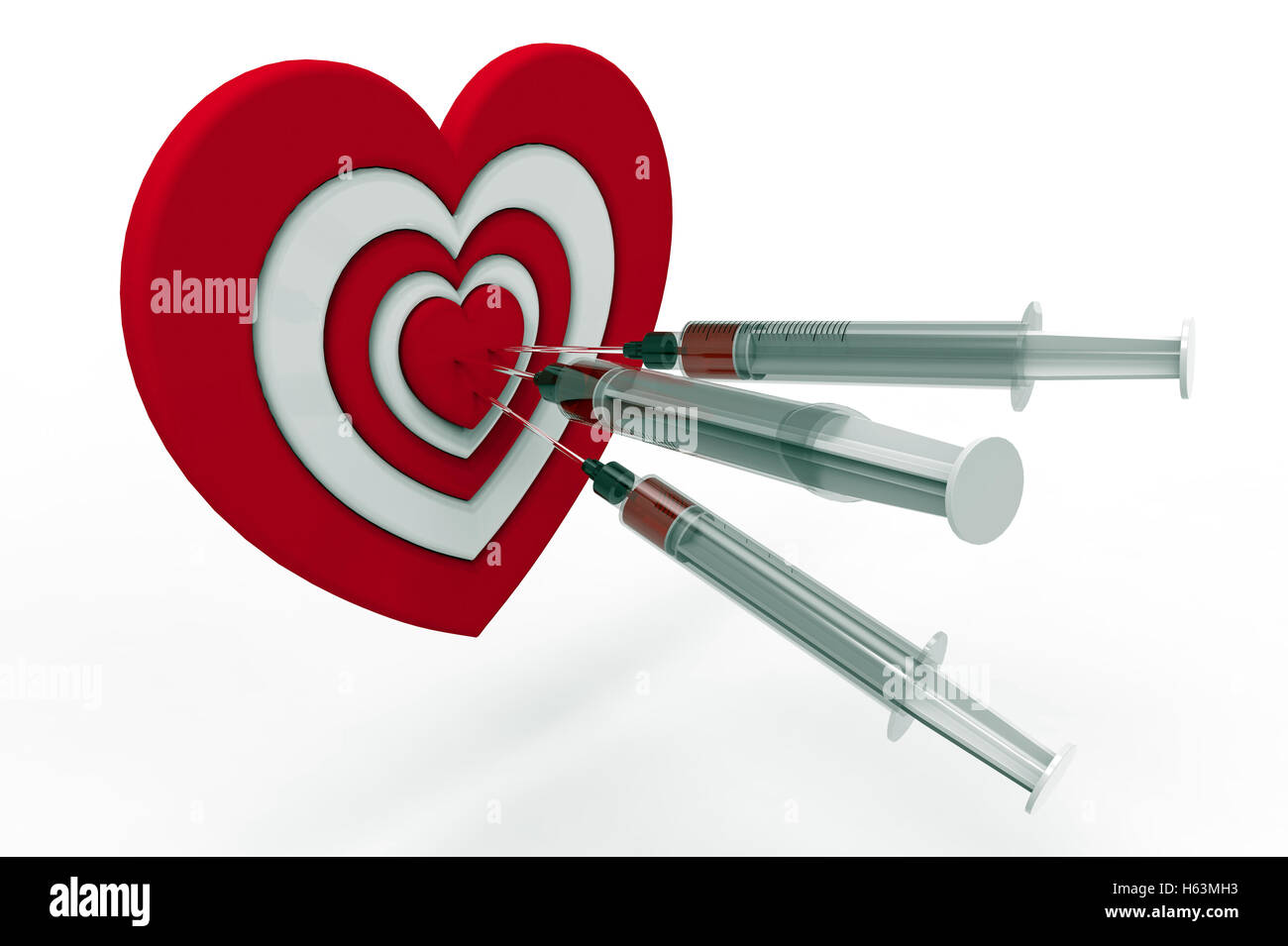 Heart shaped target and syringe, 3D rendering, on the white background ...