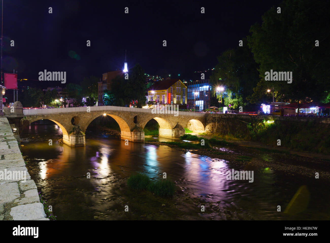 The Latin Bridge at night, in Sarajevo, Bosnia and Herzegovina Stock ...