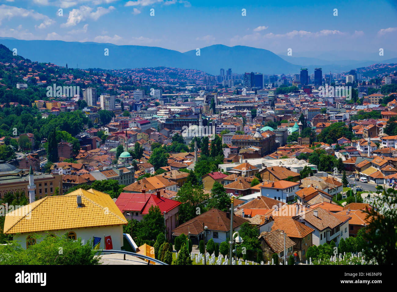 Rooftop view of the old center of Sarajevo, with minarets and other ...