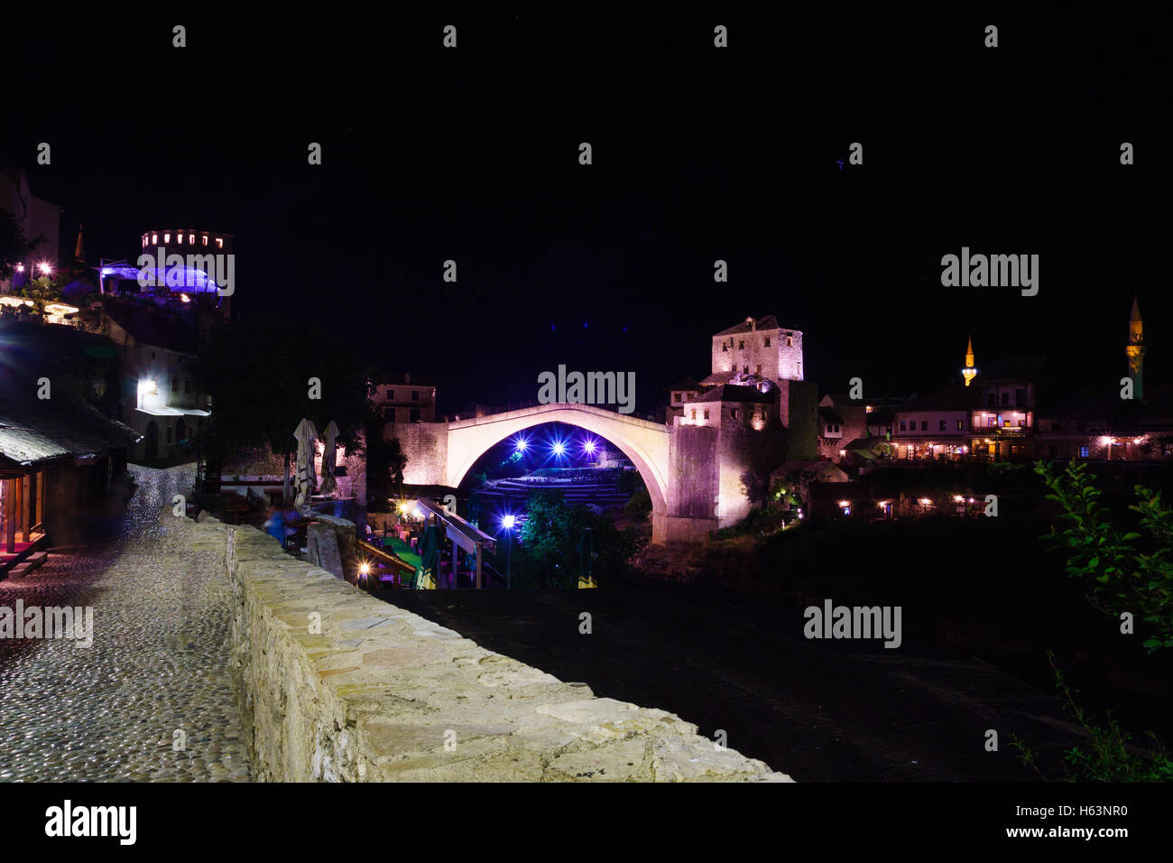 The old city and the restored Old Bridge (Stari Most) at night, in ...