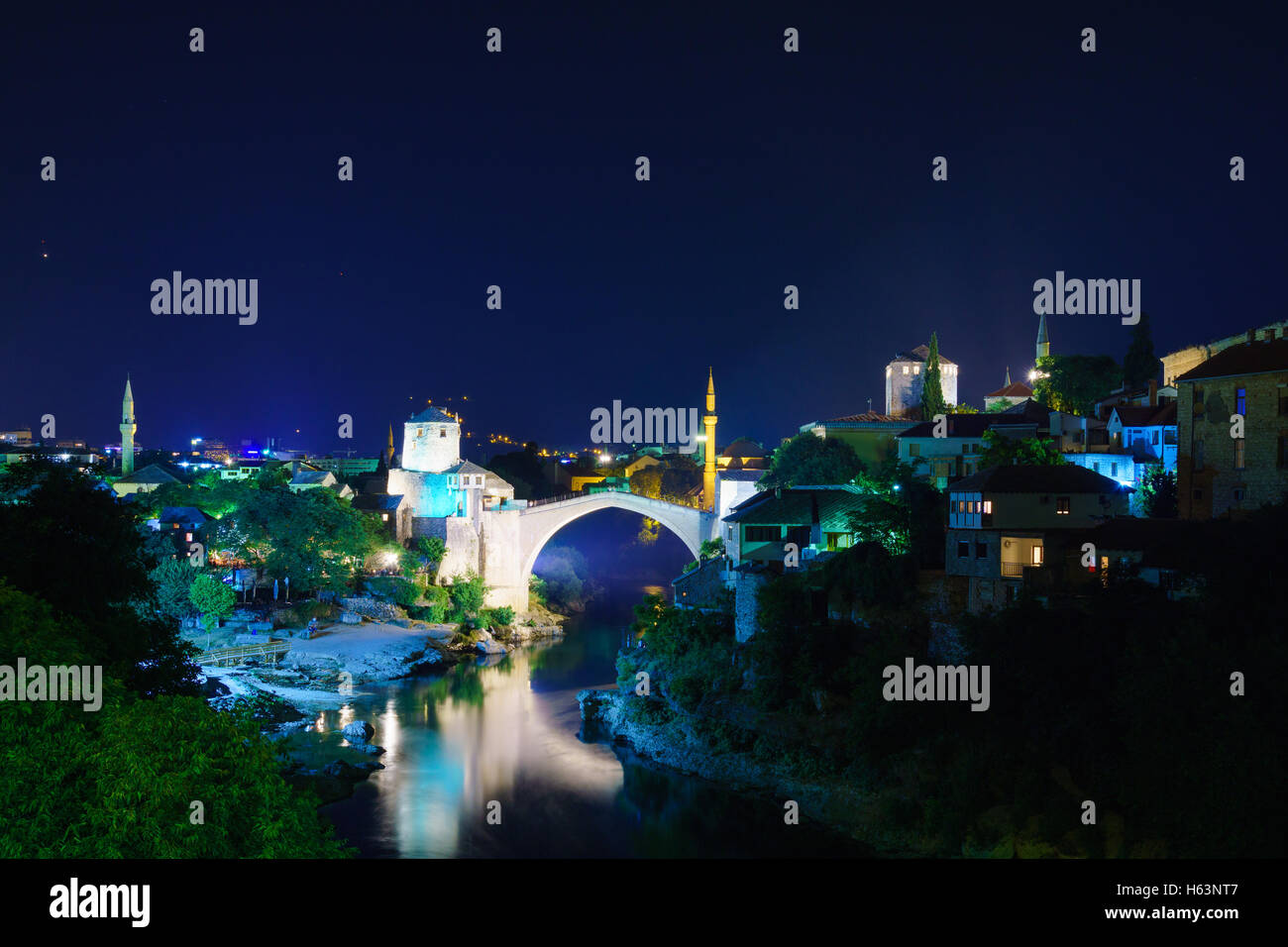 The old city and the restored Old Bridge (Stari Most) at night, in ...