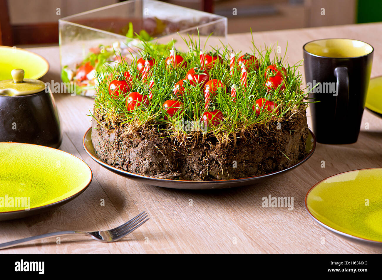 An improvised garden cake made from ground, grass, candles and cherry ...
