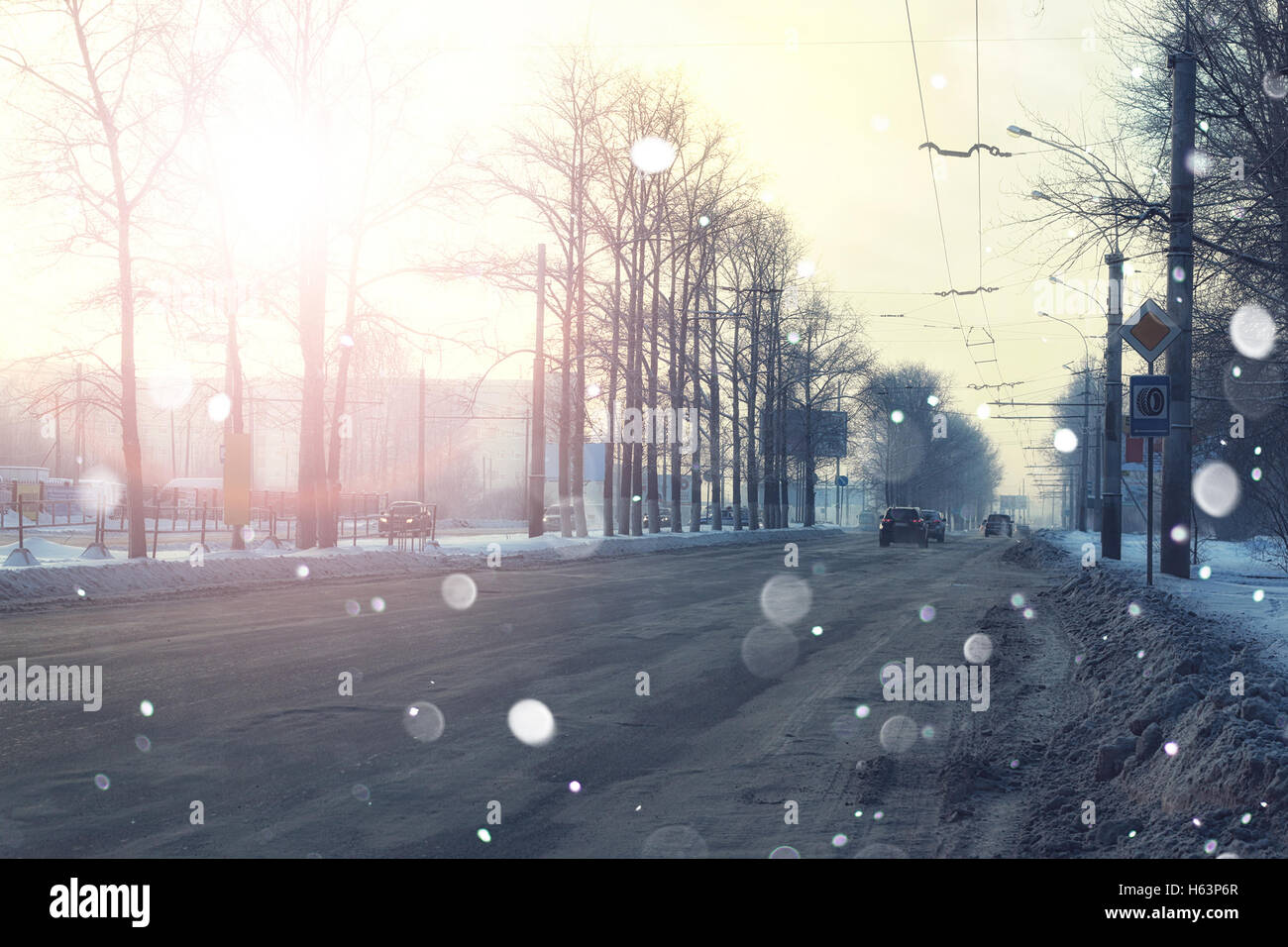 road city with car in winter sunset Stock Photo - Alamy