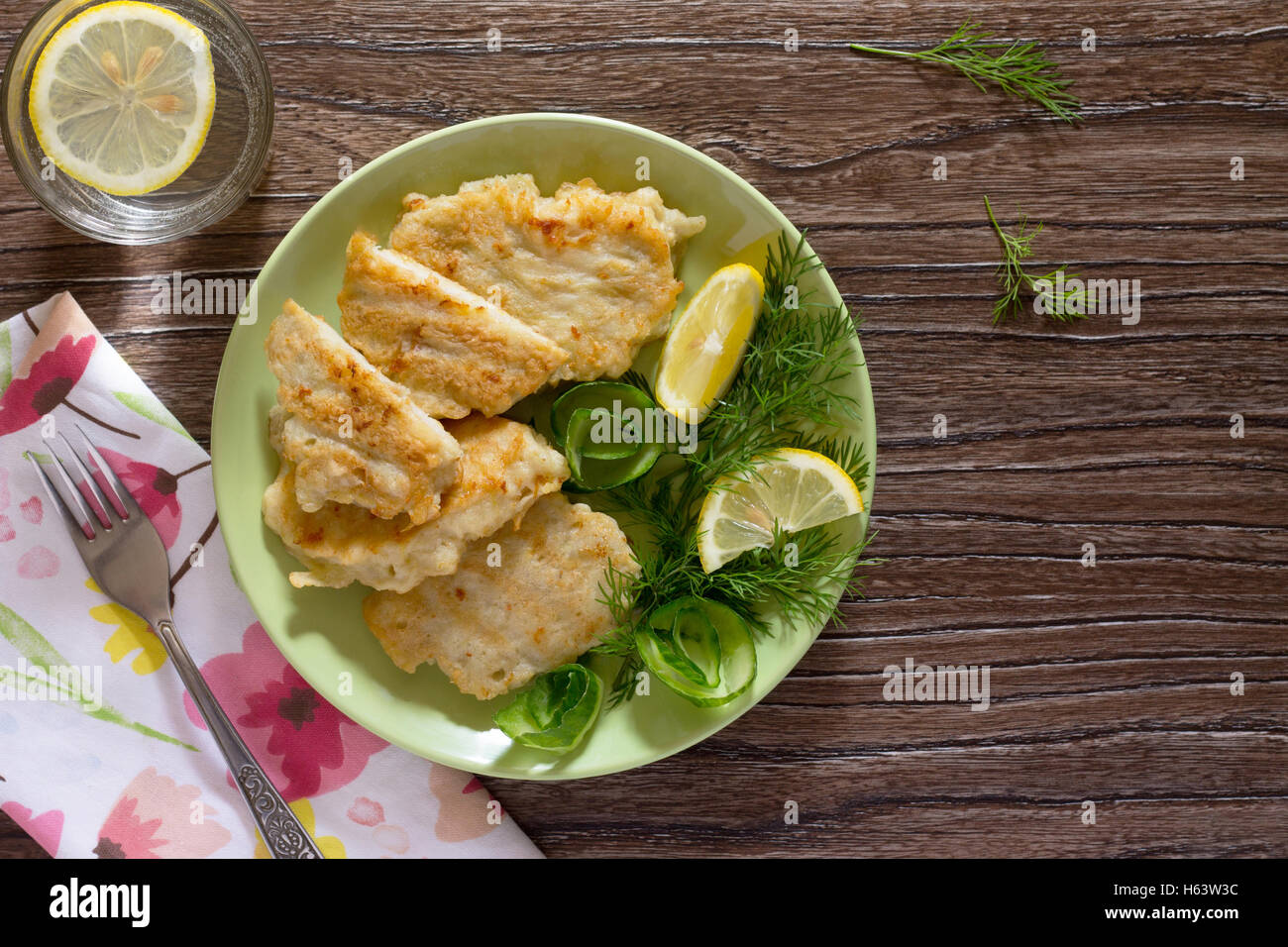 Fried fish with potato batter - healthy eating, diet, top view. Copy ...
