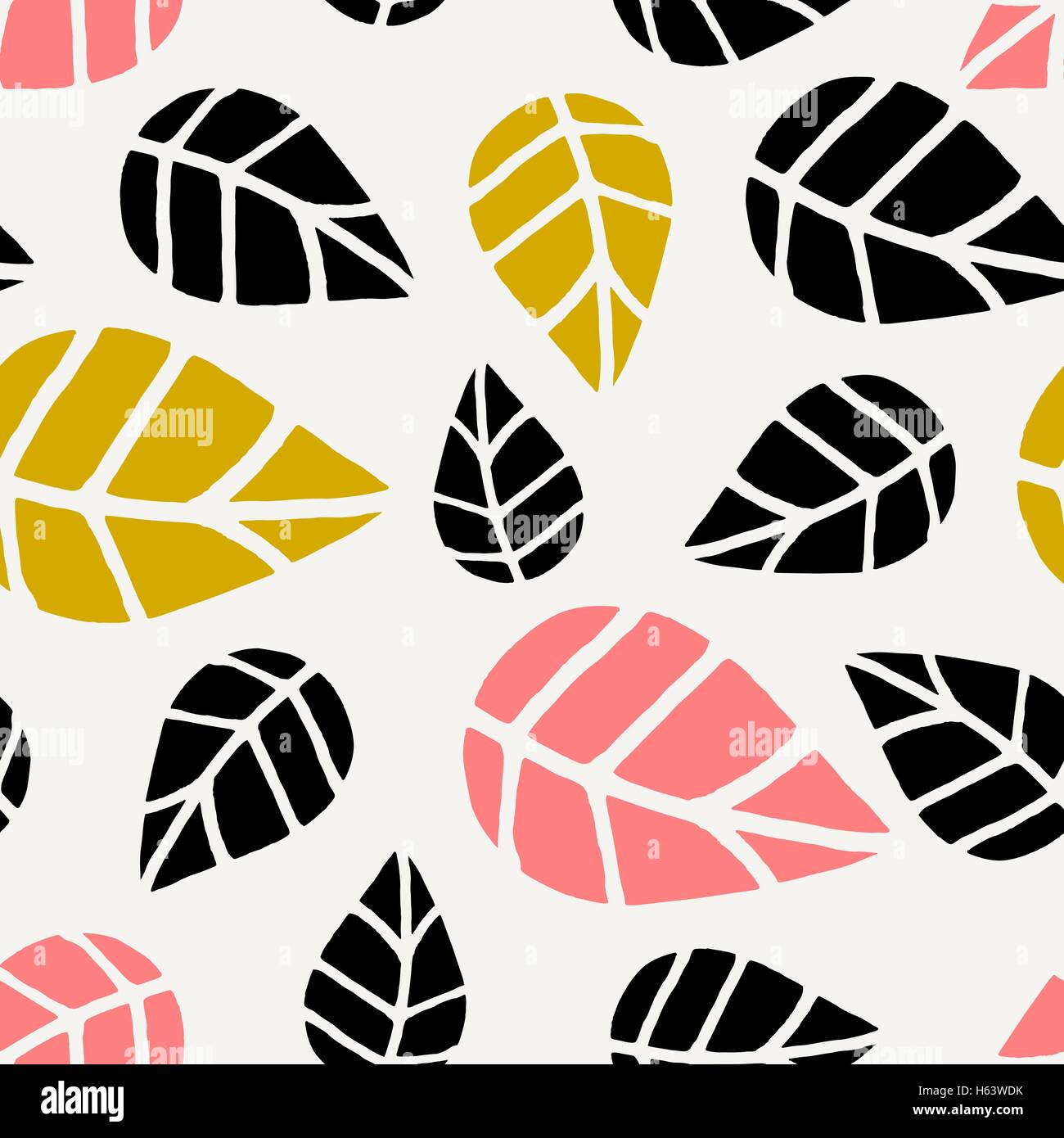 Seamless repeating pattern with black, pink and yellow leaves on cream ...
