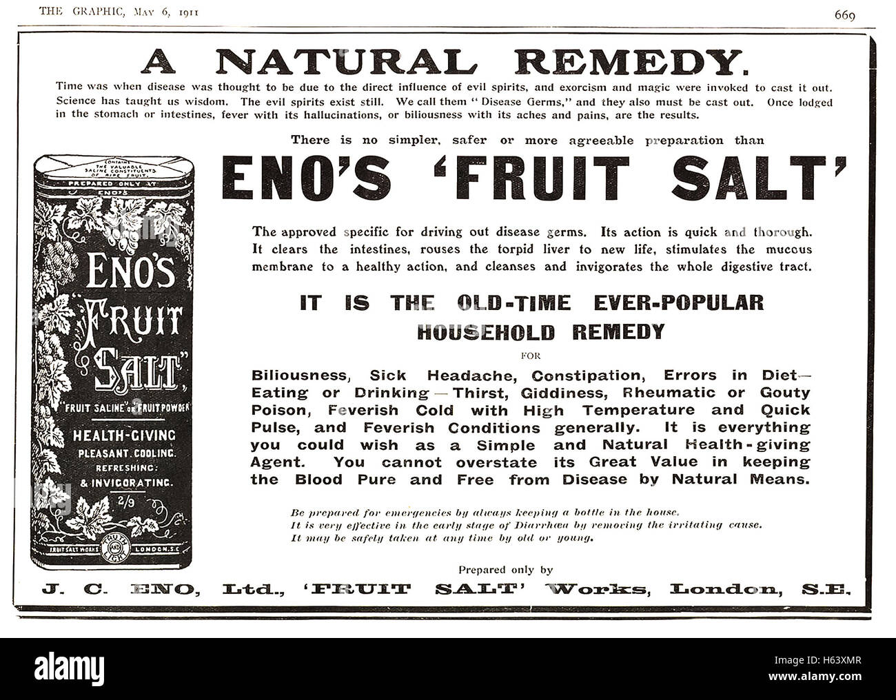 ENO'S FRUIT SALT advert from The Graphic in May 1911 Stock Photo - Alamy