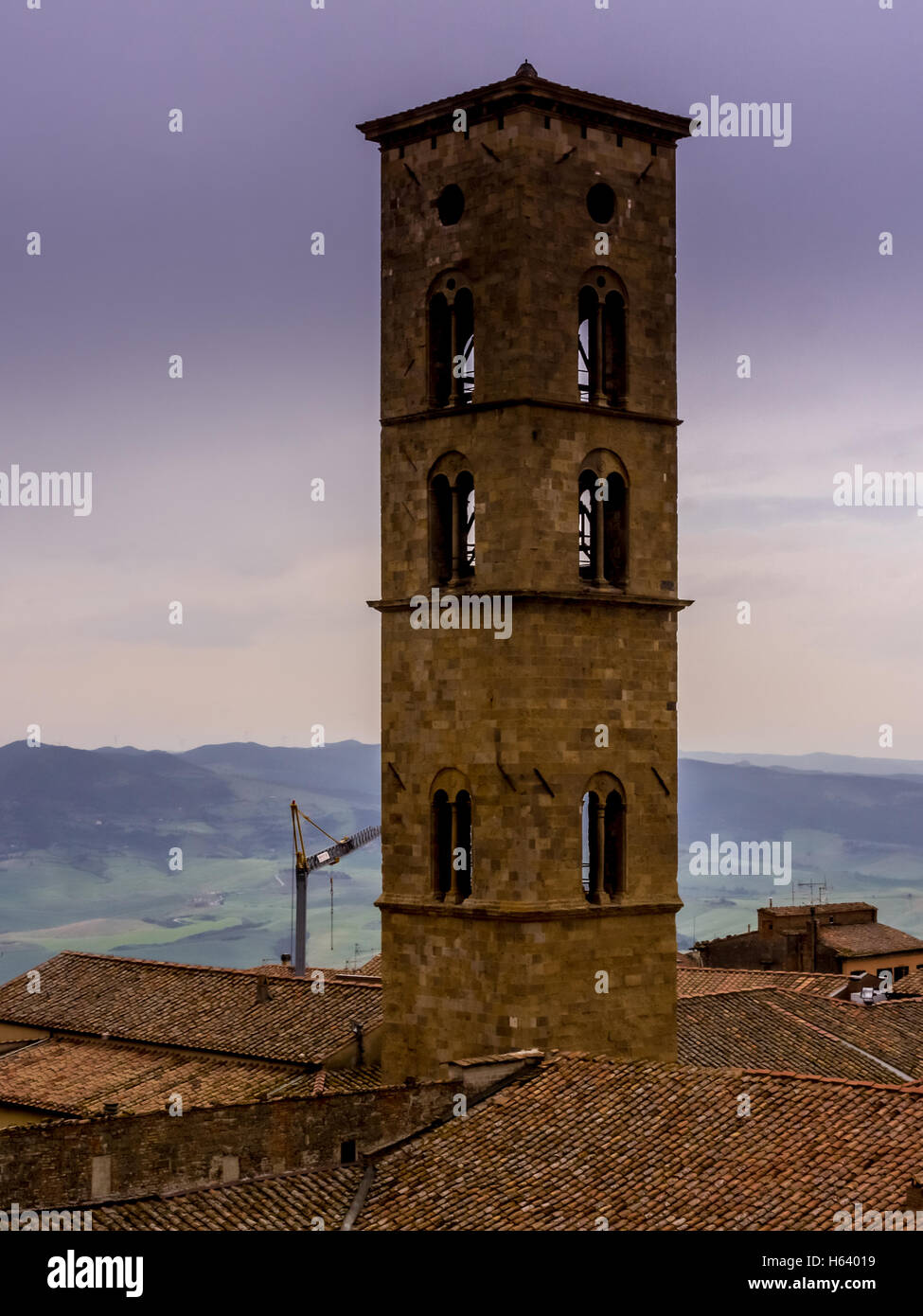 Picturesque view of the tower of the cathedral of Volterra in Tuscany ...
