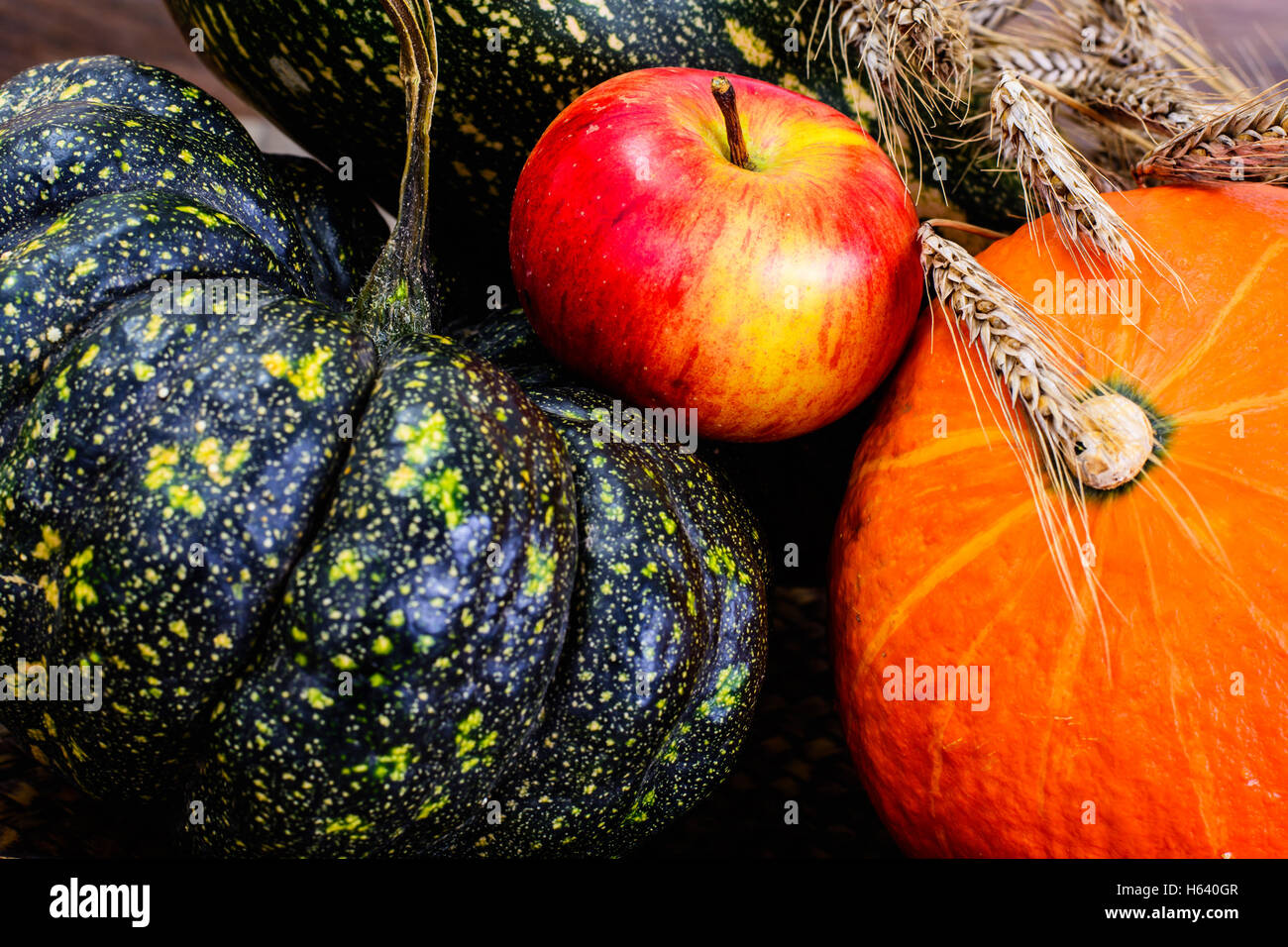 Harvest of different pumpkins, pumpkin seeds, apples and wheat e Stock ...