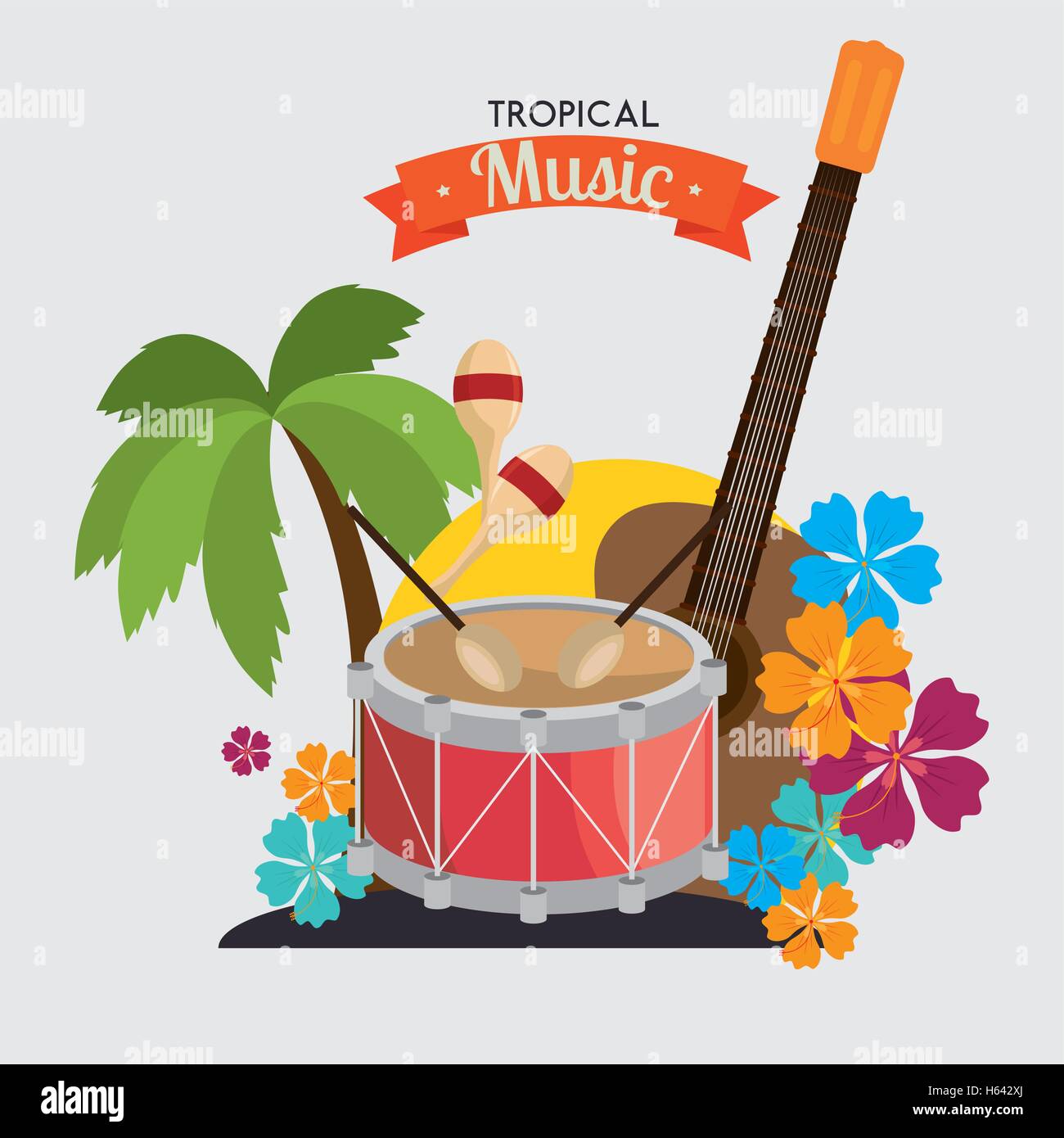 poster tropical music dumb guitar maraca palm and flower Stock Vector ...