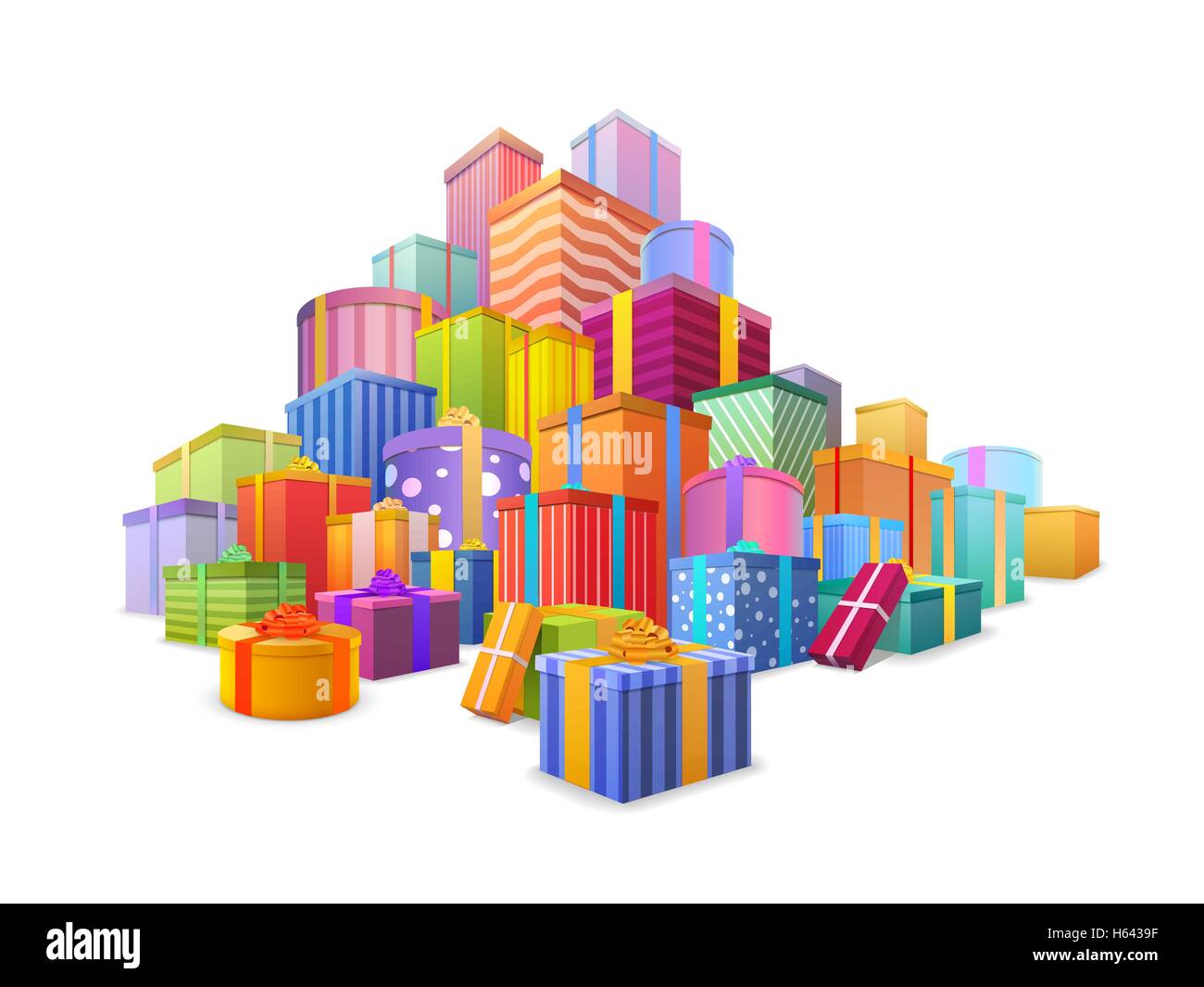 Big mountain of wrapped gift boxes. Many presents isolated on white ...