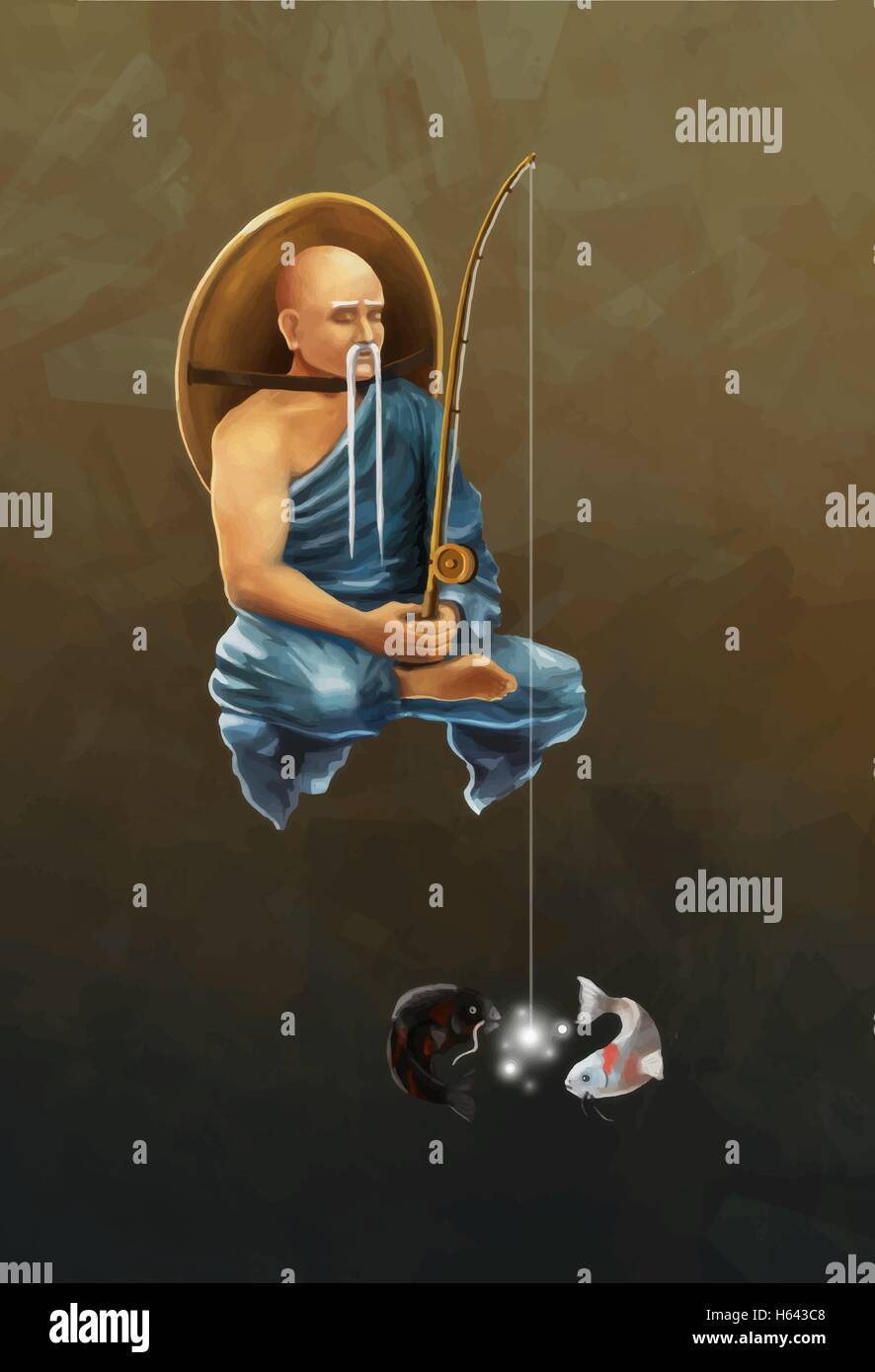 Asian monk with fishing rod catches koi carps, conceptual illustration ...