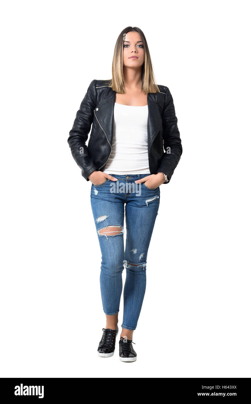 Confident serious gorgeous beauty in casual clothes with hands in ...