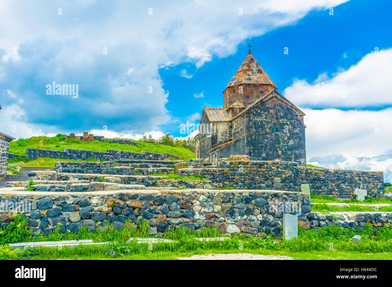 The black stone Surp Arakelots (Holy Apostles) Church of Sevanavank Monastery, located on Sevan ...