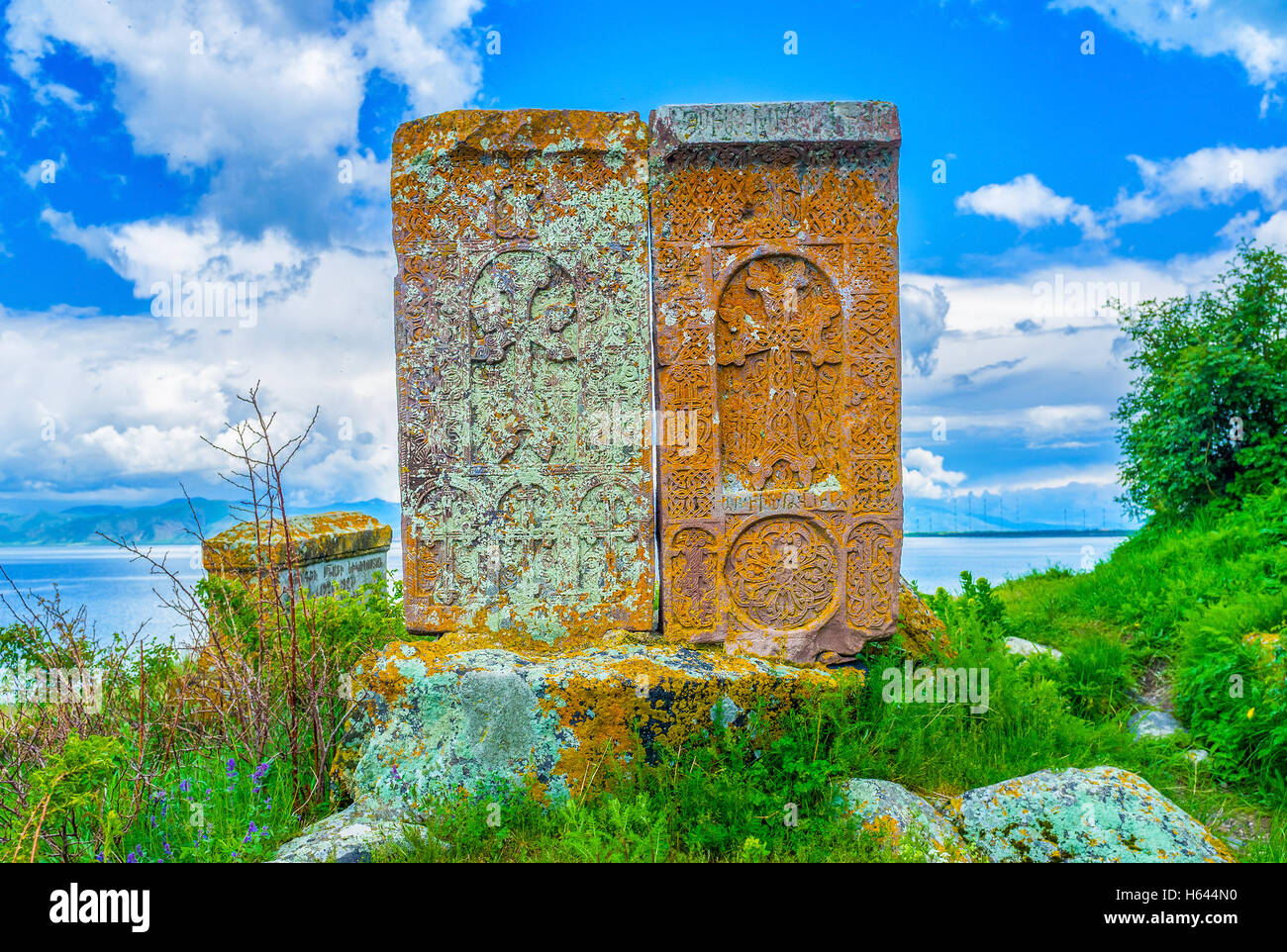Two medieval khachkars on the old cemetery next to the Hayravank ...