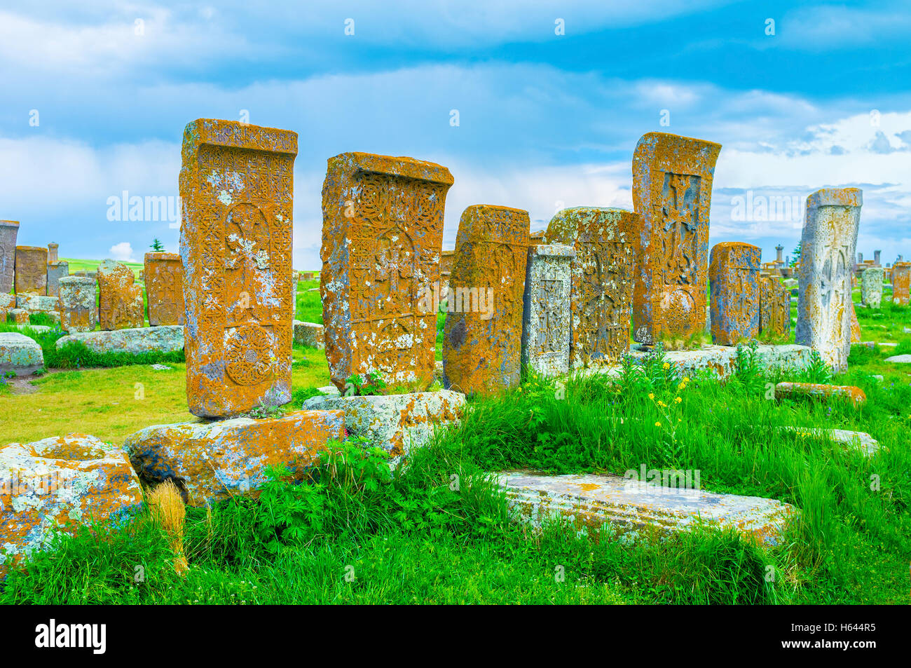 The medieval preserved khachkars at historic cemetery in Noratus are ...