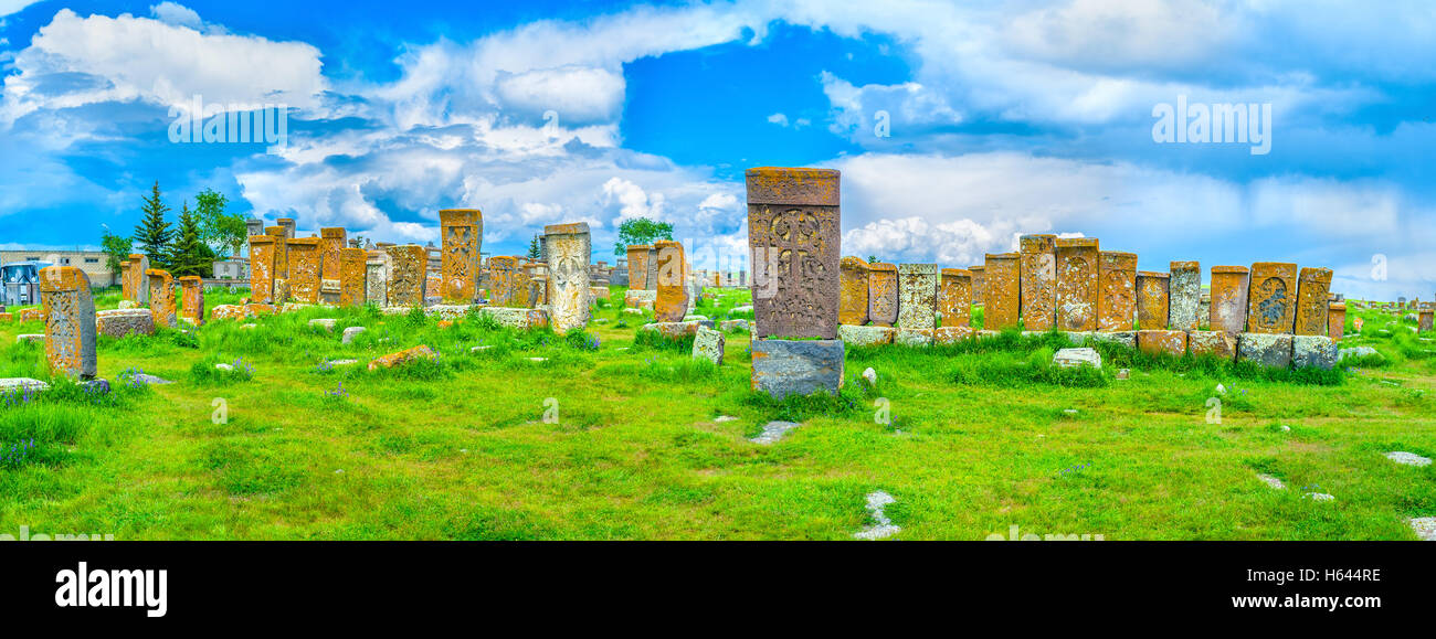 Panorama of Noratus Cemetery with many preserved khachkars, covered ...