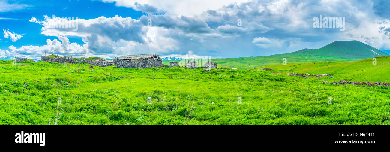 The ramshackle stone buildings of the old farm on the way to Selim Pass ...