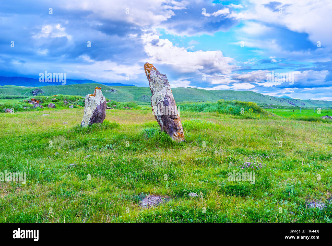 Two ancient stones in Zorats Karer, tilted to each other with the ...