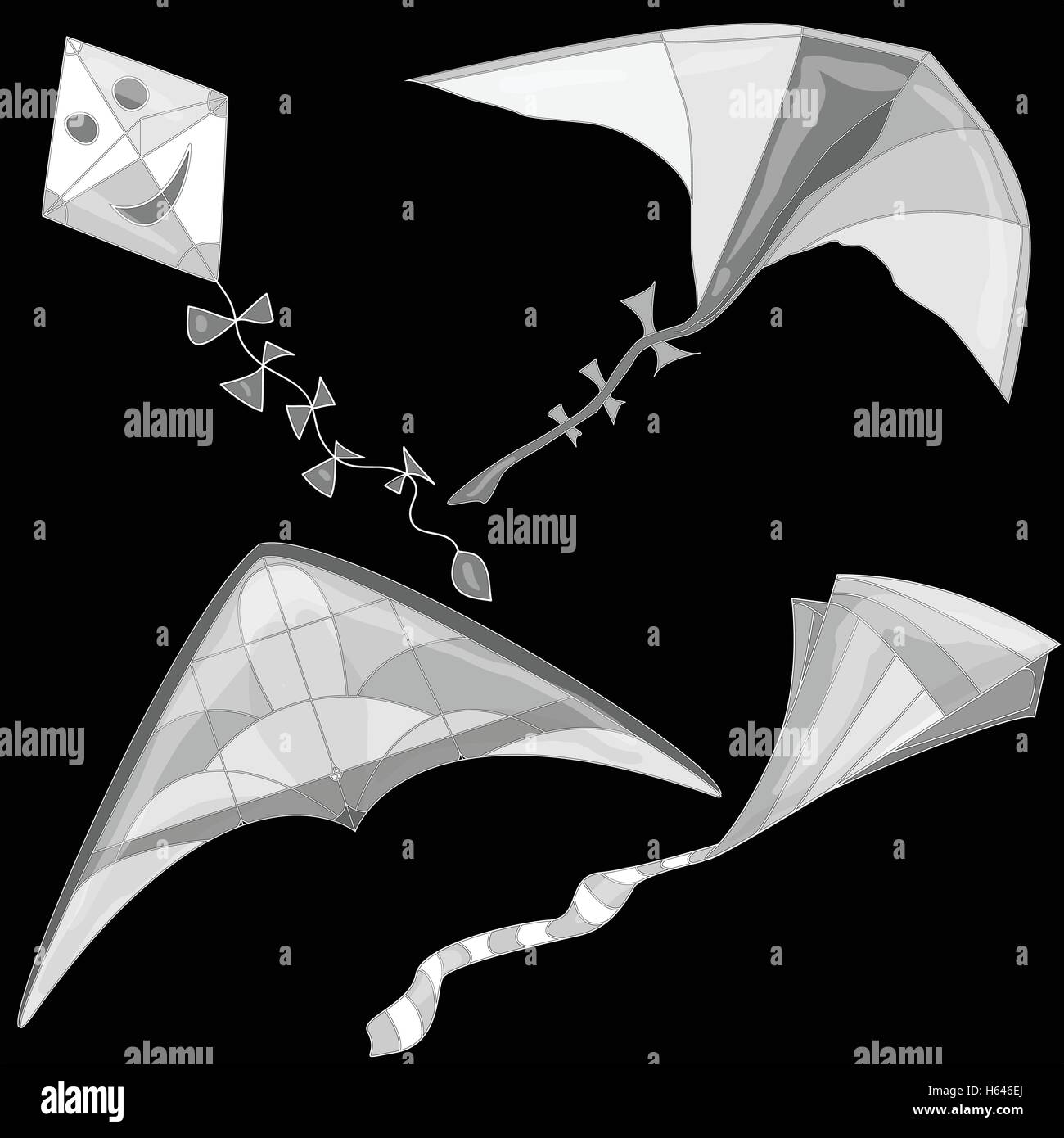 Kite. Vector illustration of colorful kite and clouds in the sky Stock ...