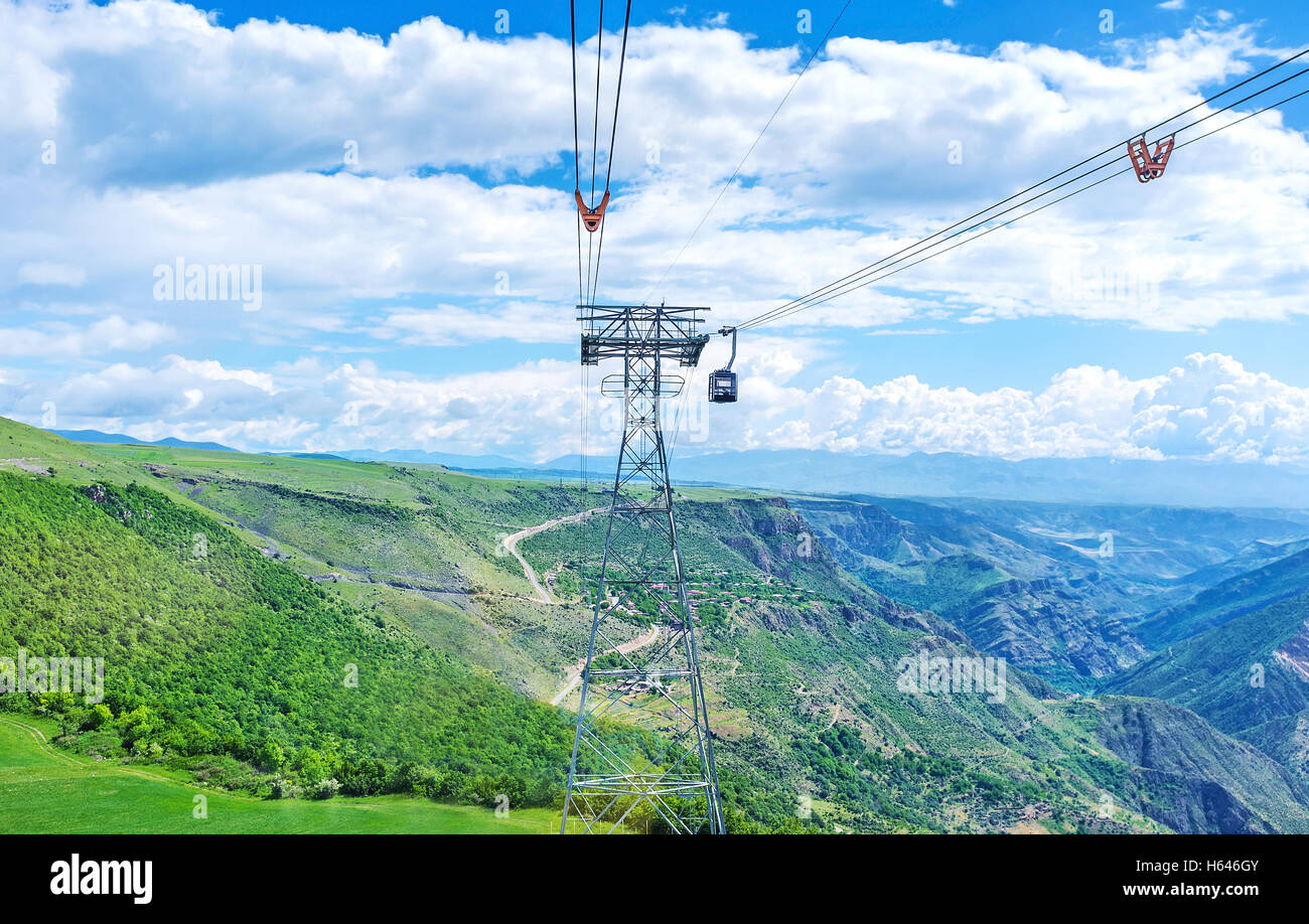 The scenic landscape of Vorotan Canyon with the cableway tower of the ...