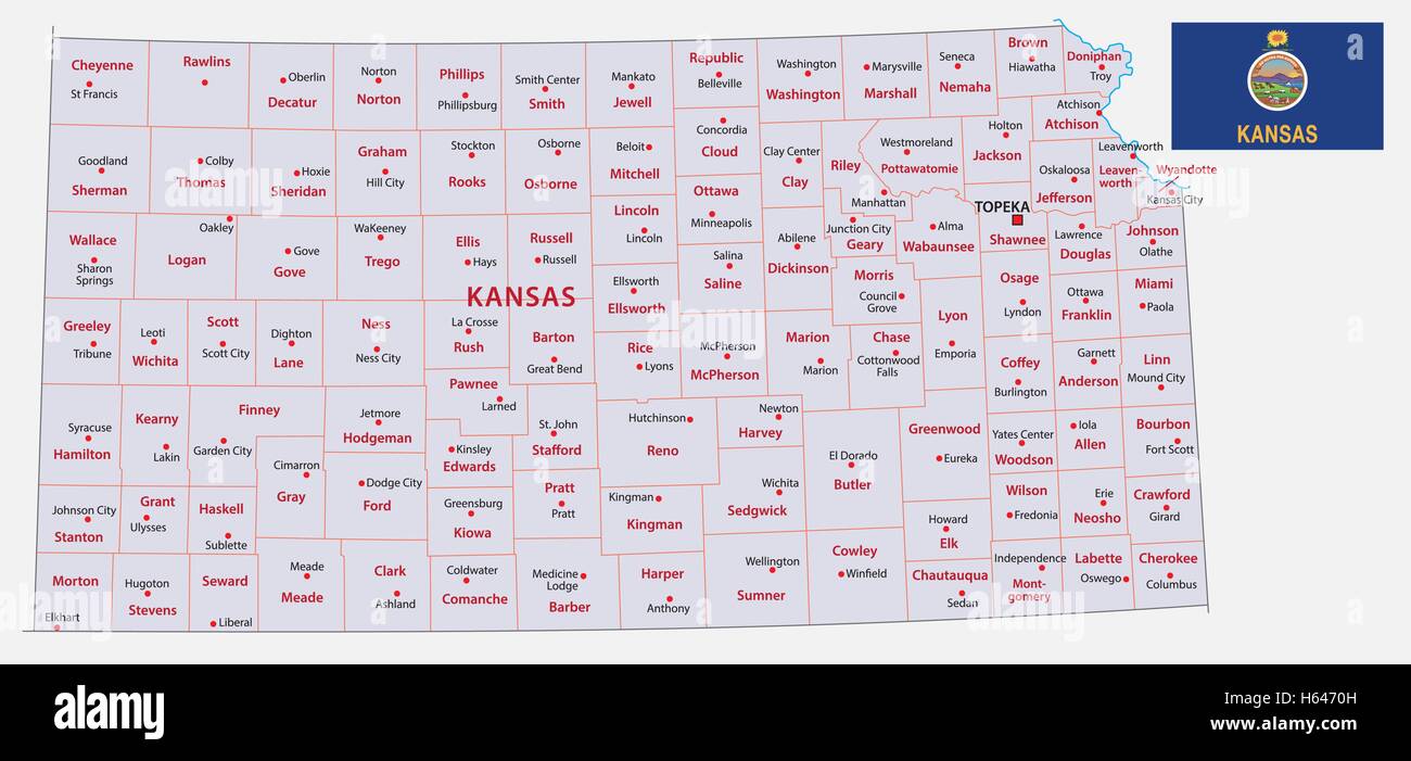 kansas administrative map with flag Stock Vector Image & Art - Alamy