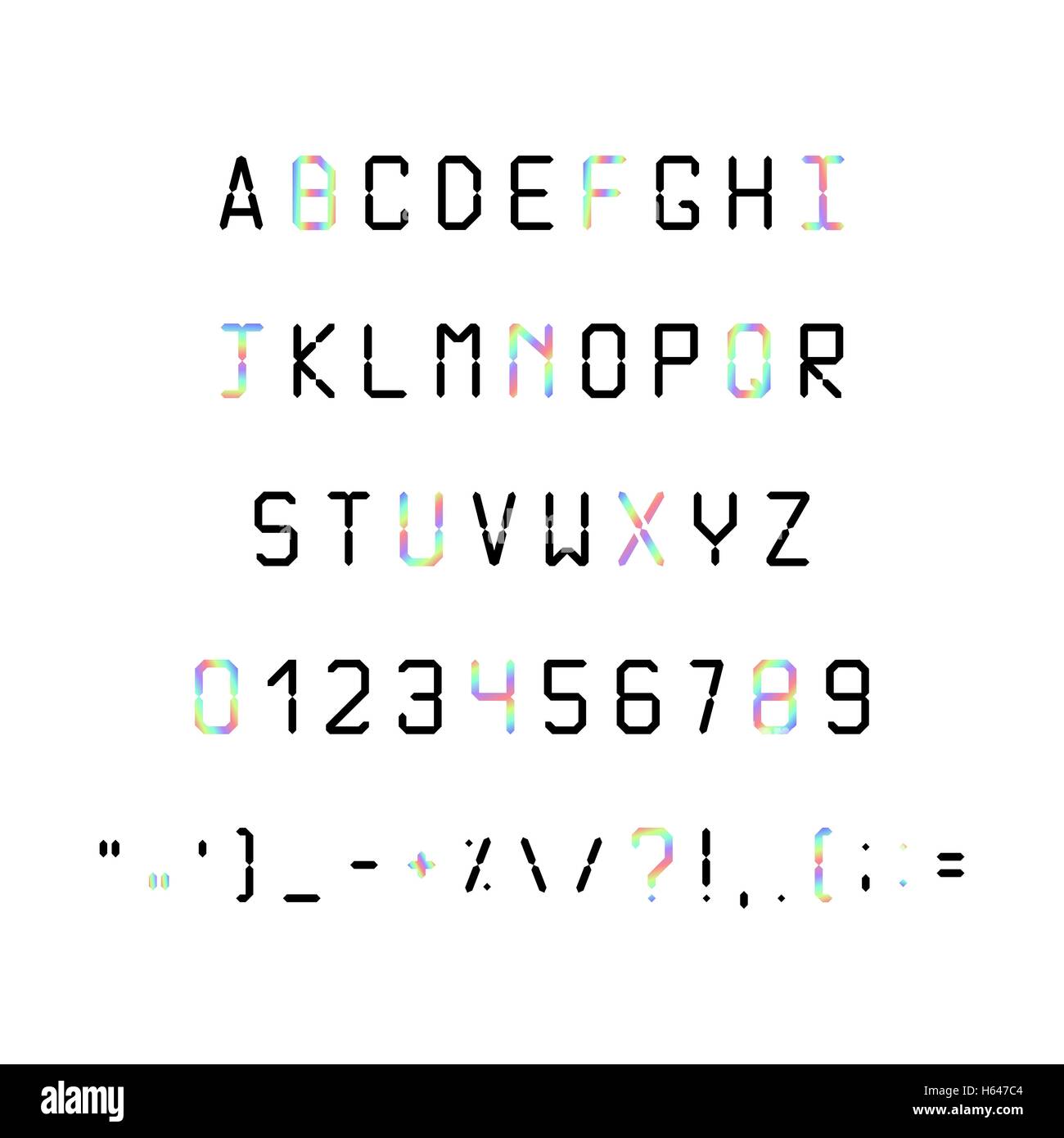 Printed font. Fonts 80s, 90s with a hologram. Simple Letters and ...