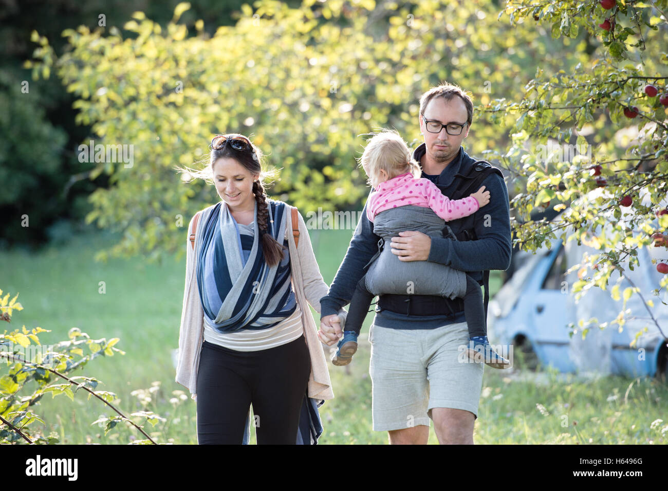 Parents carrying their children in carriers. Walk in nature Stock Photo ...