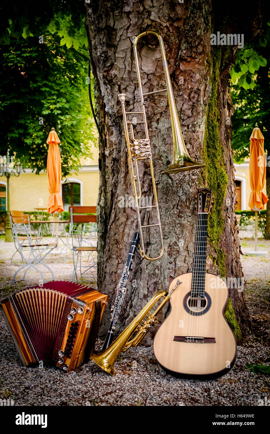 Various musical instruments leaning at tree in a beer garden Stock ...