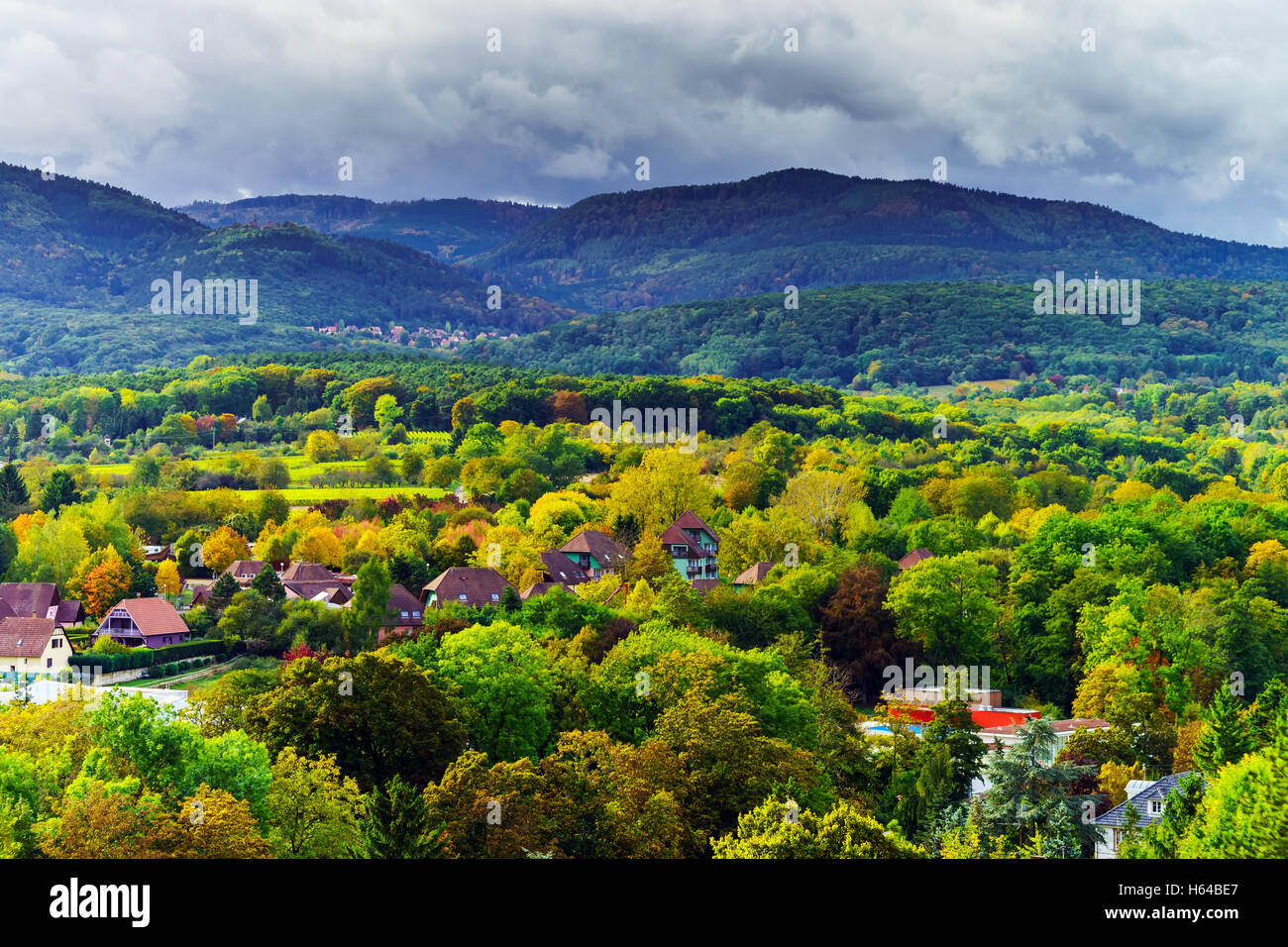 Autumn colors of the trees, overview to the valley, Alsace Stock Photo ...