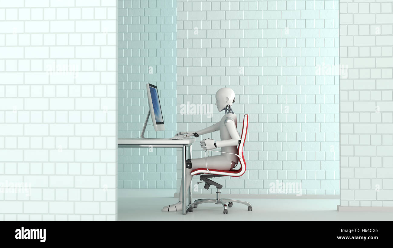 Robot working at desk, 3D Rendering Stock Photo - Alamy