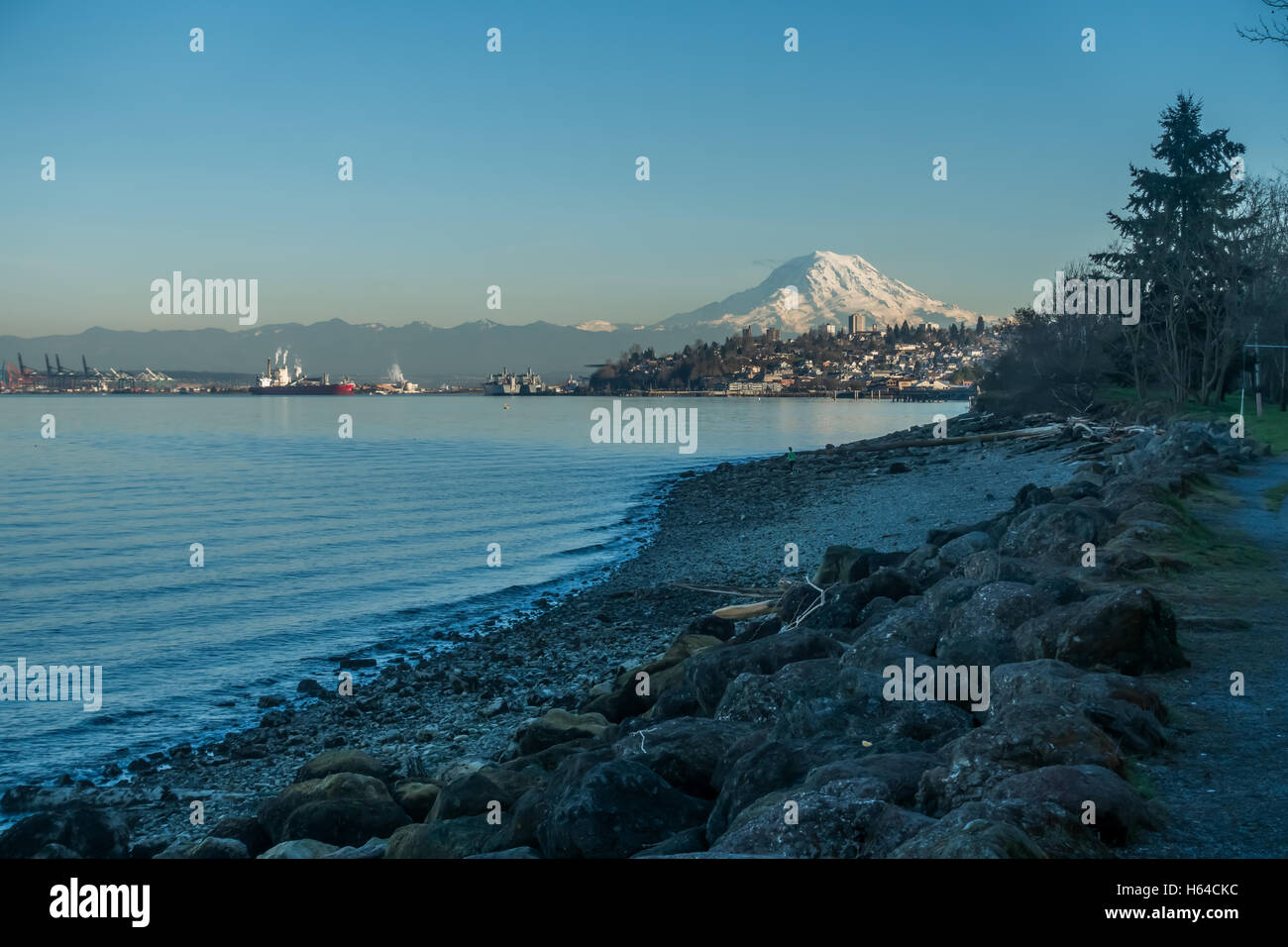 View of Mount Rainier from the Ruston area of Tacoma, Washington. The ...