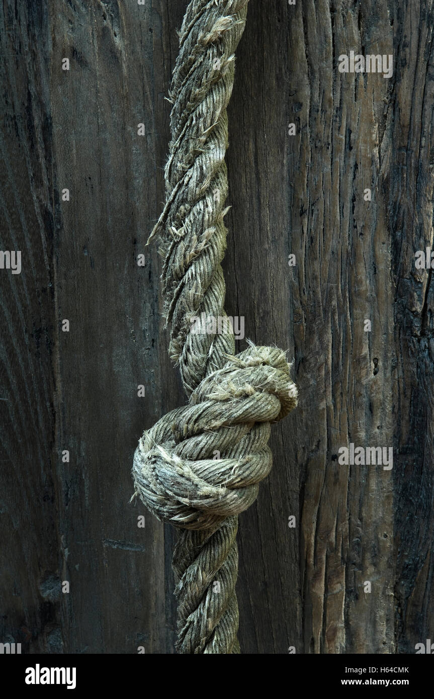 Rope with knot on wood Stock Photo - Alamy
