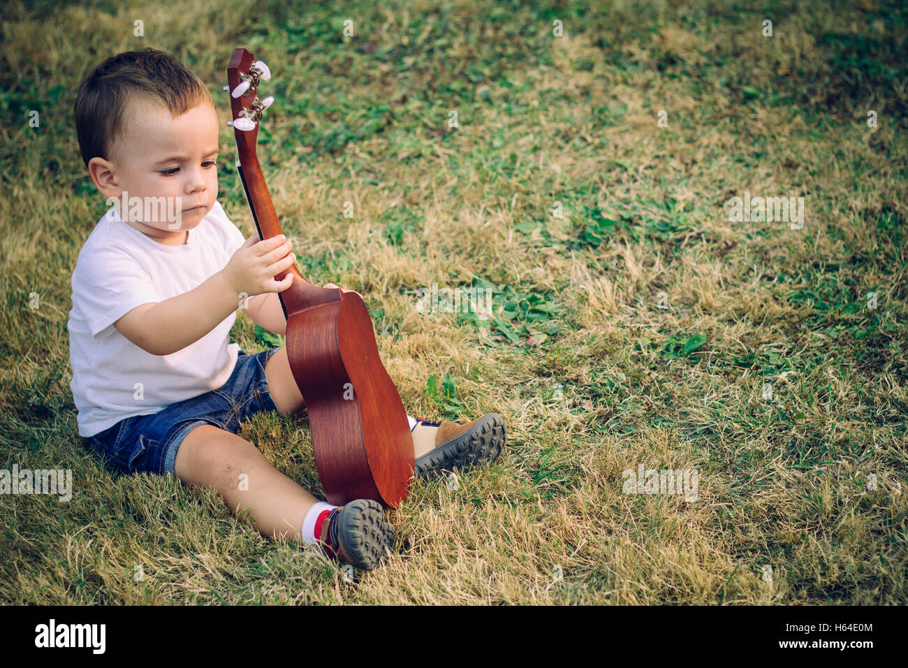 Baby boy sitting on a meadow with ukulele Stock Photo - Alamy