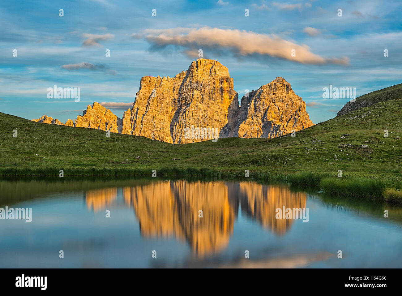 Italy, Dolomites, view to Mountain Pelmo and Lago Delle Baste in the ...