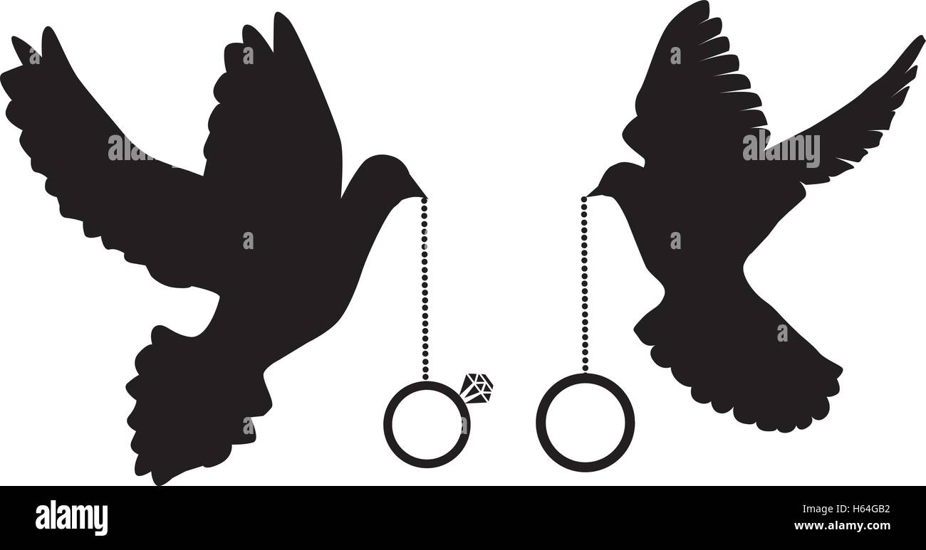 vector illustration of doves silhouettes with wedding rings Stock ...