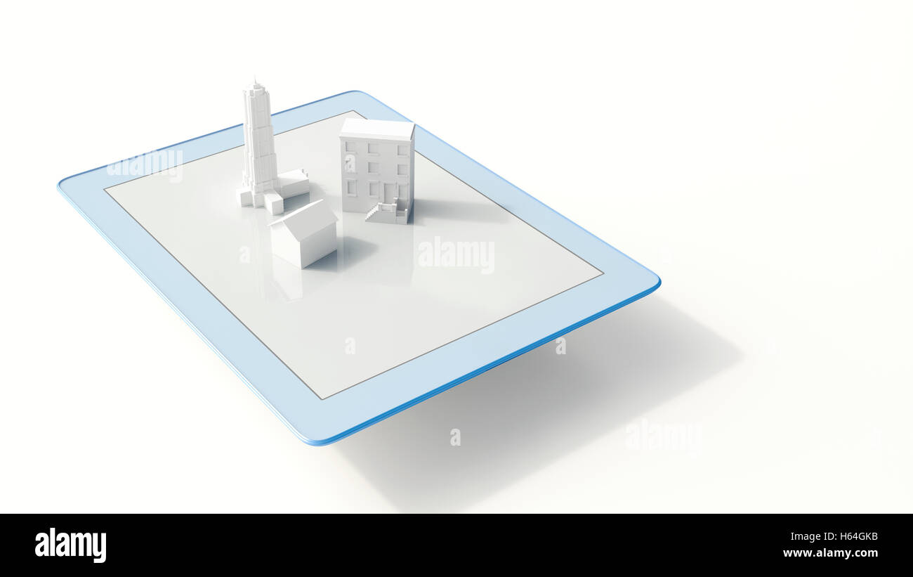 Tablet with buildings, 3D rendering Stock Photo - Alamy