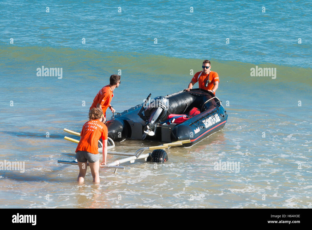 Sables-d-Olonnes, France - July 05, 2016 : french bay lifeguards (S.N.S ...