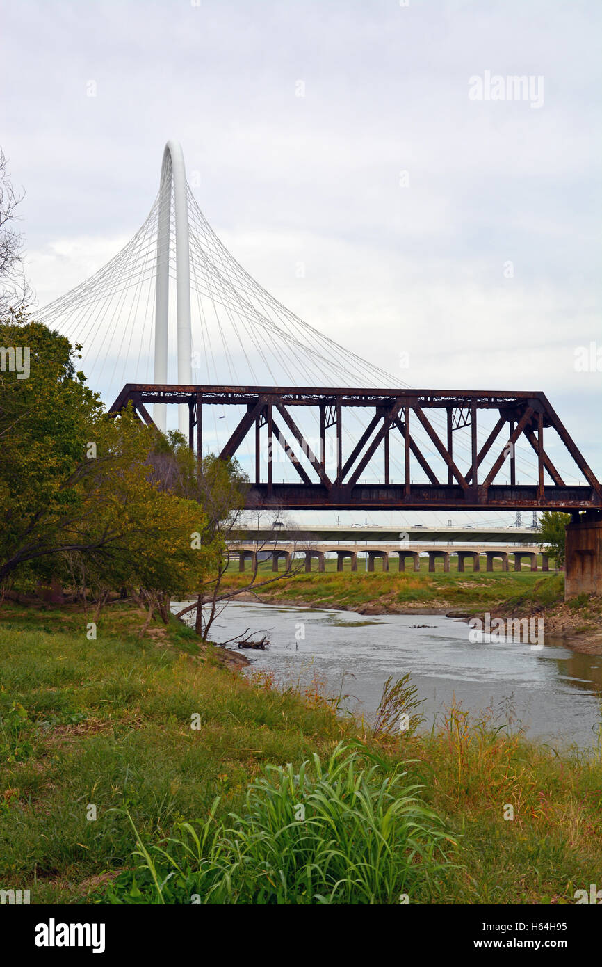 Steel truss railroad, cable automobile, and concrete pedestrian bridge ...