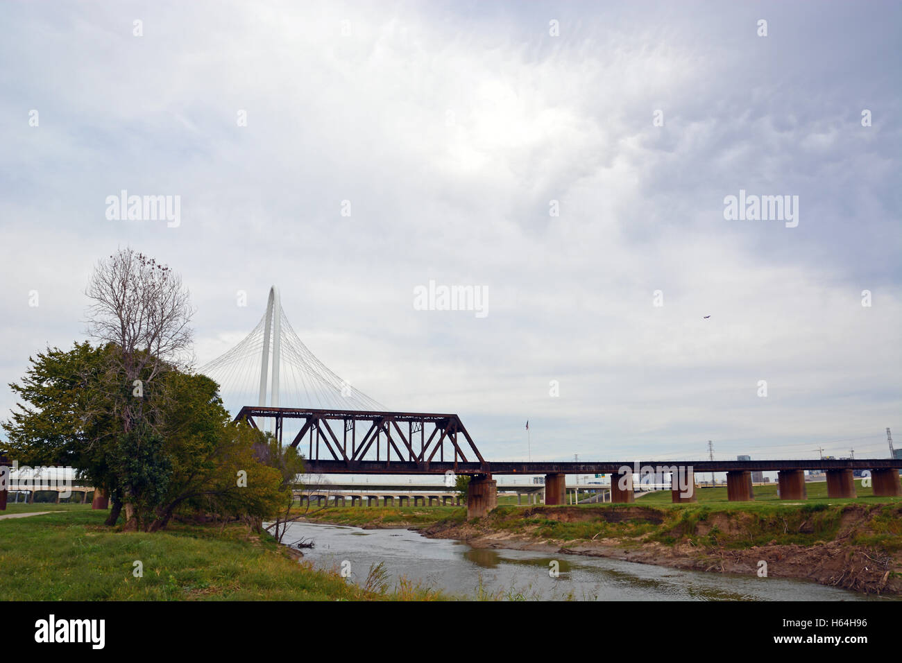 Steel truss railroad, cable automobile, and concrete pedestrian bridge ...