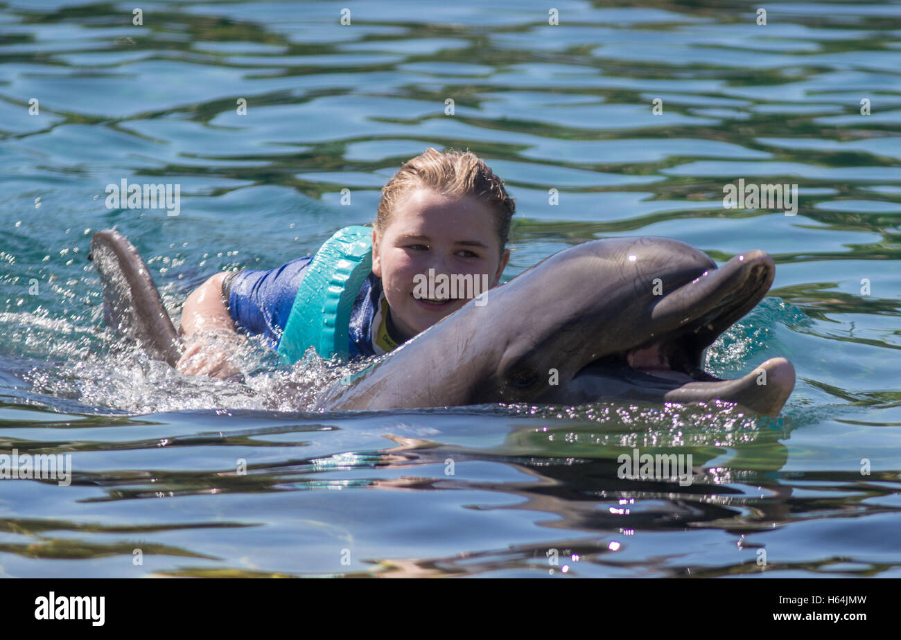 Morgan Maxwell, 13, from Perth, enjoys a swim with a dolphin during the ...